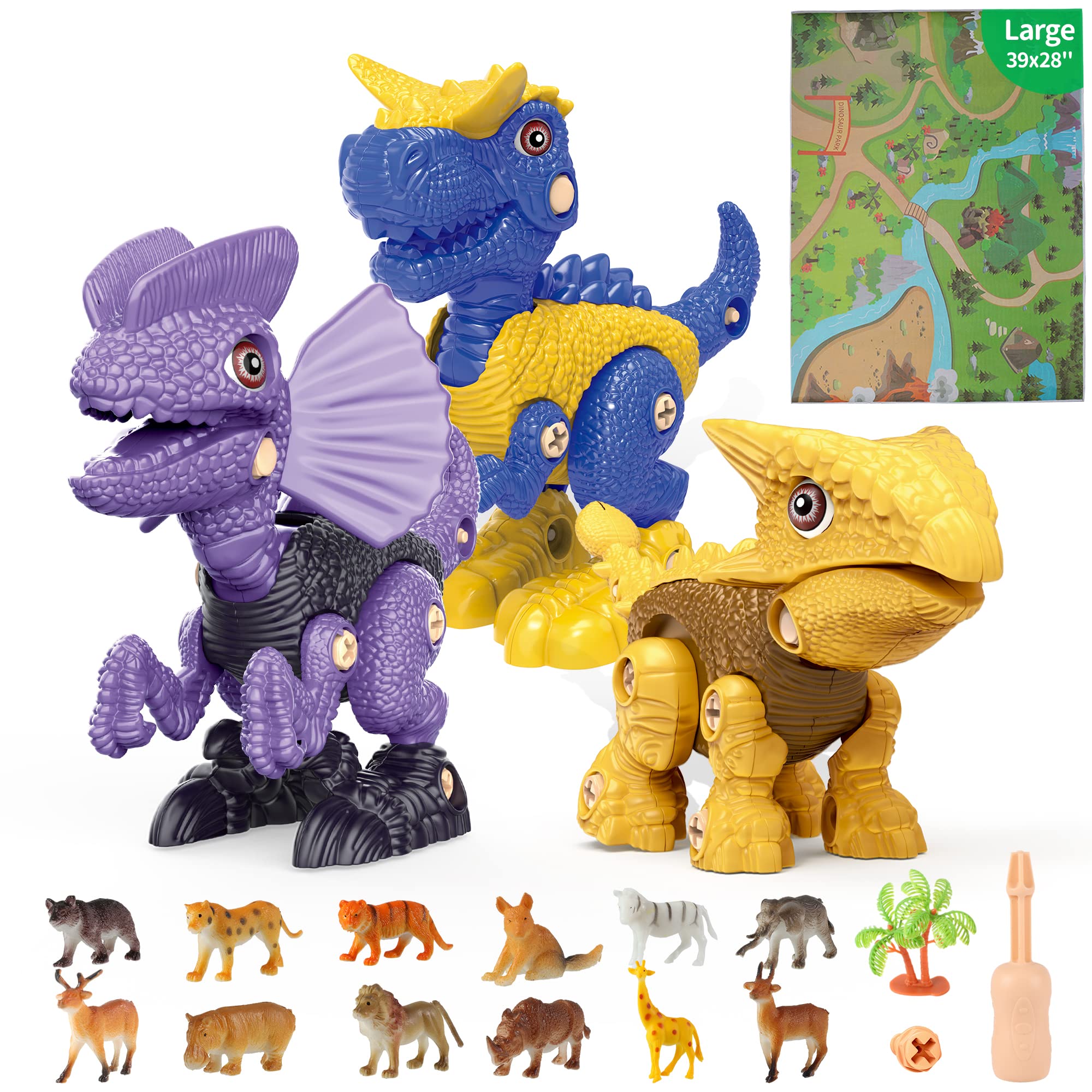 FLYINGSEEDS Take Apart Dinosaur Toys Playset for Kids Age 3 4 5 6 7 8 Year Old, STEM Learning Educational Building Construction Set with Activity Play Mat & Wildlife Figures for Toddlers Boys