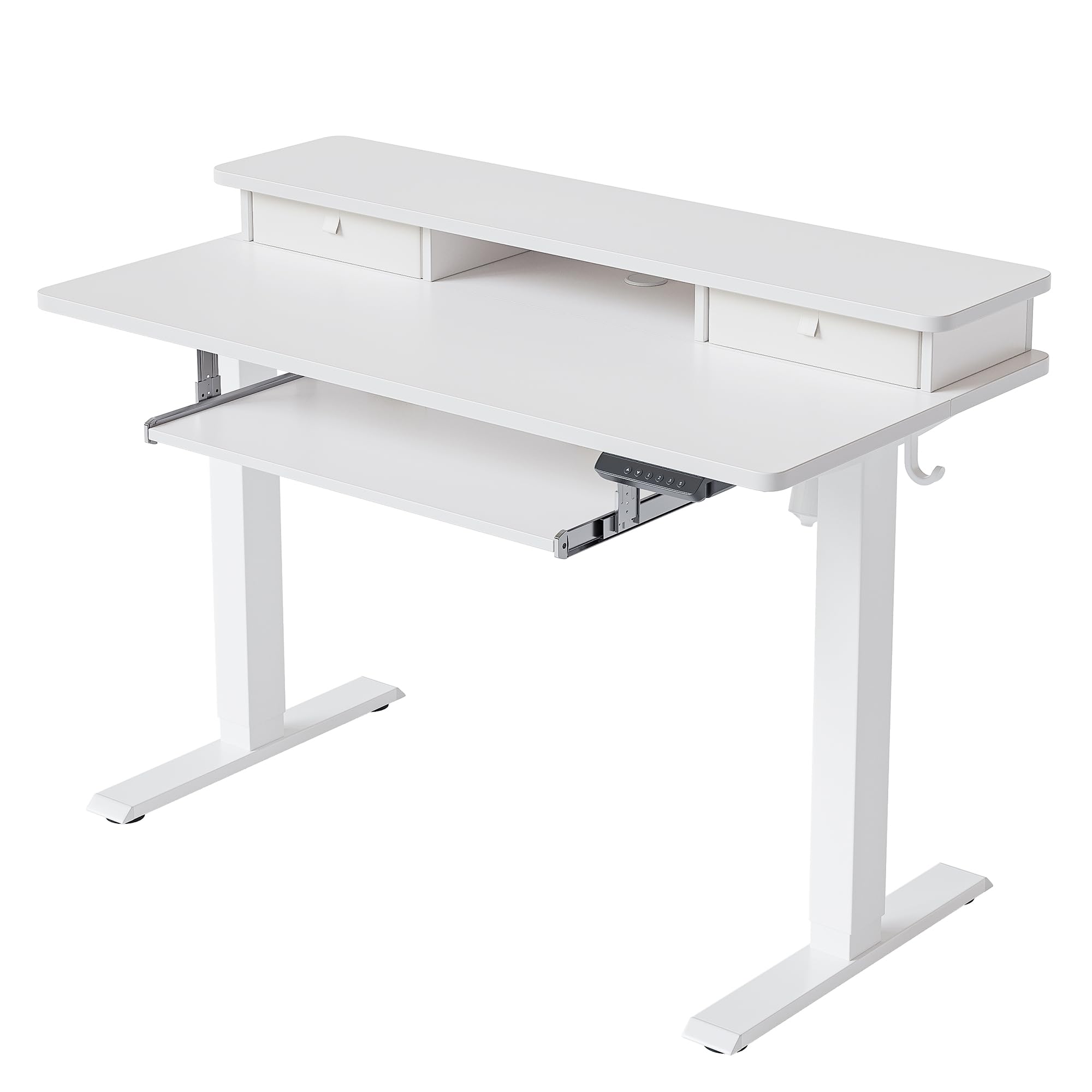 FEZIBO Height Adjustable Electric Standing Desk with Keyboard Tray, 48 x 24 Inch Stand Up Table with Storage Shelf, Sit Stand Desk, White Top