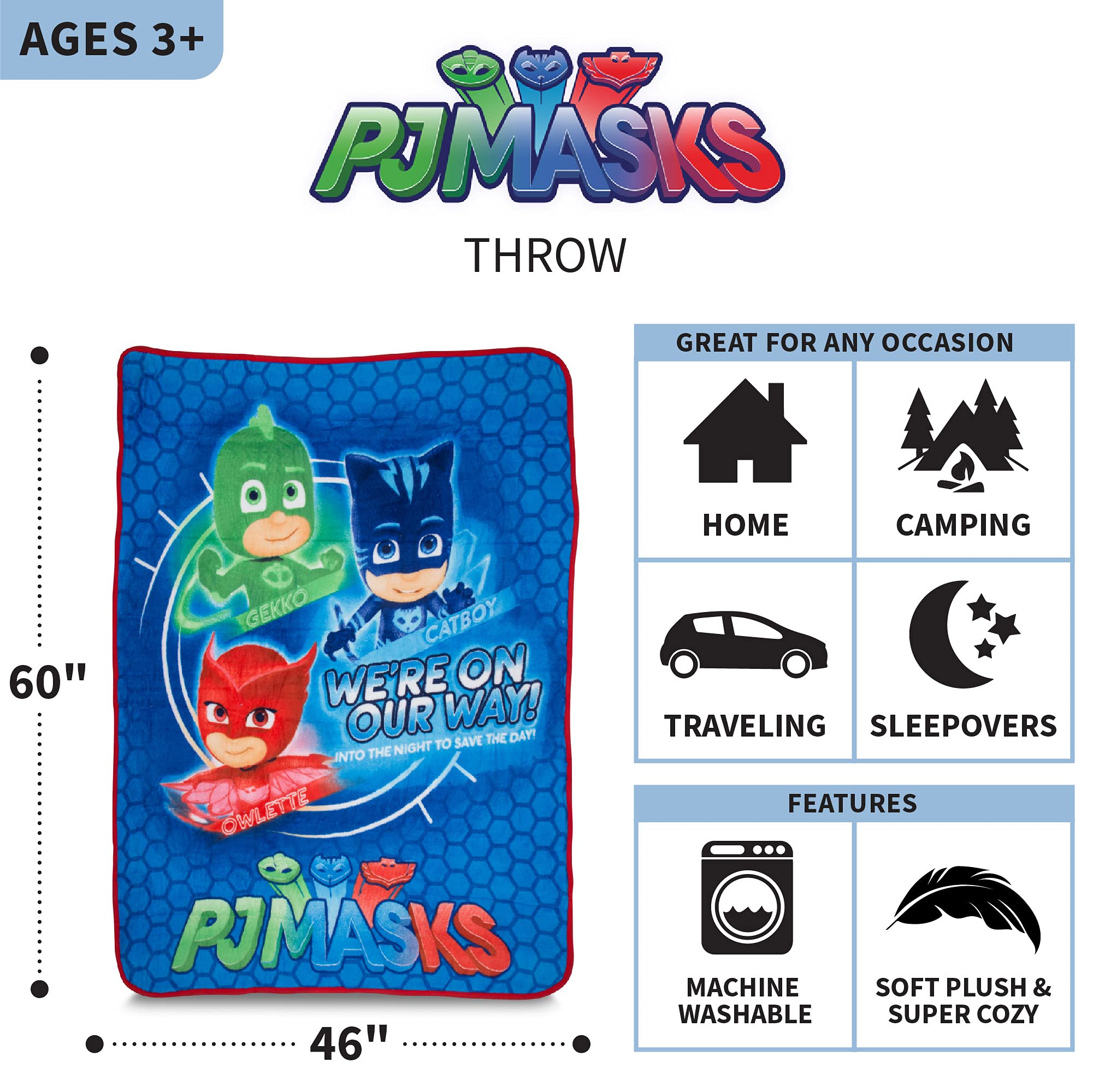 Franco Kids Bedding Super Soft Micro Raschel Throw, 46 in x 60 in, PJ Masks
