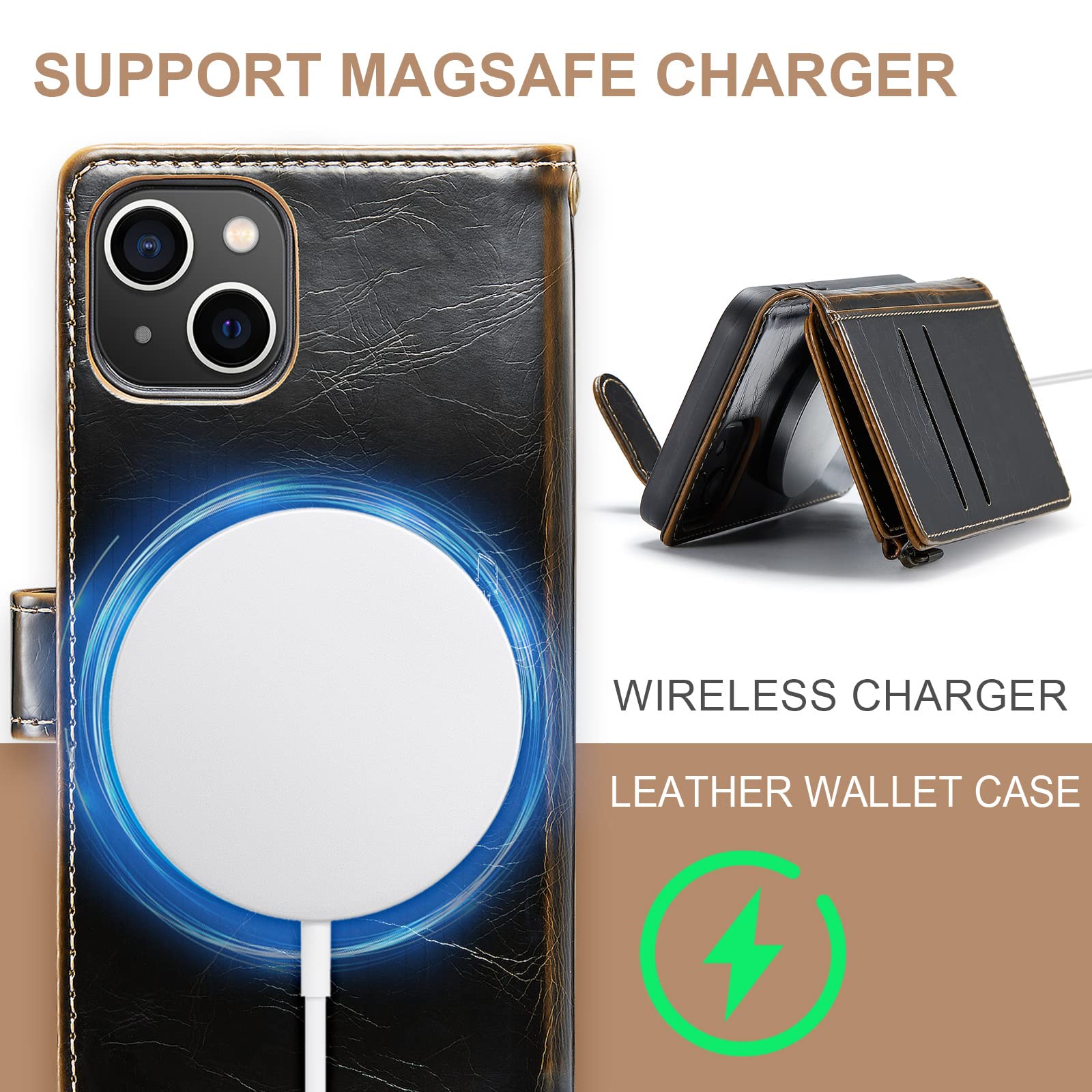 FLIPALM Wallet Case for iPhone 14 Pro(6.1") Flip Case,Compatible with MagSafe Charger,PU Leather Zipper Protective Lanyard Strap Wristlet Case with Magnetic Closure and Card Holder Luxury Coffee