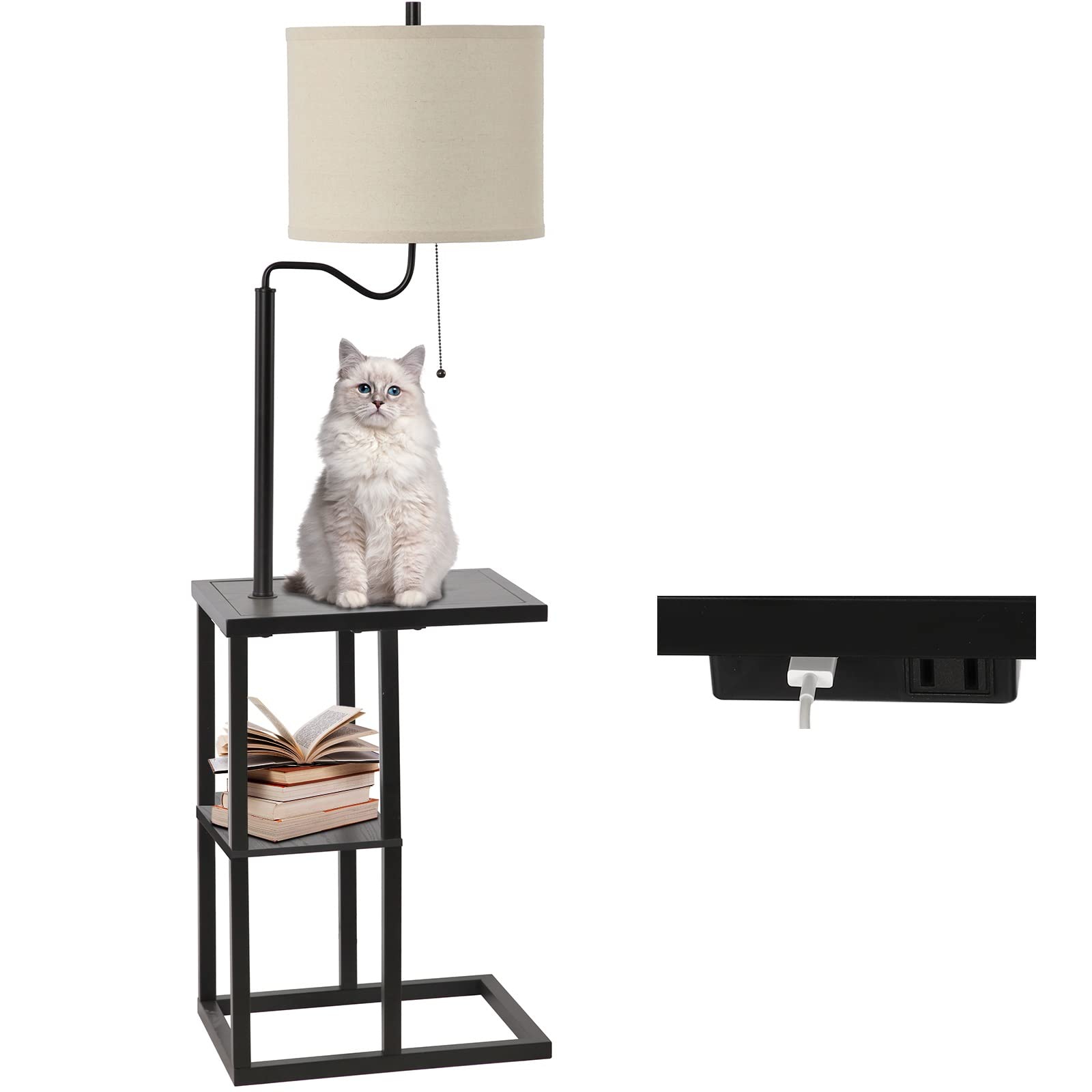 Floor Lamp with Side Table - USB Charging Port, Power Outlet, Modern Bedside Nightstand Lighting, Dark Grey Attached Side Table with Shelves for Living Room, Bedroom, Guest Room, Bulb Sold Separately