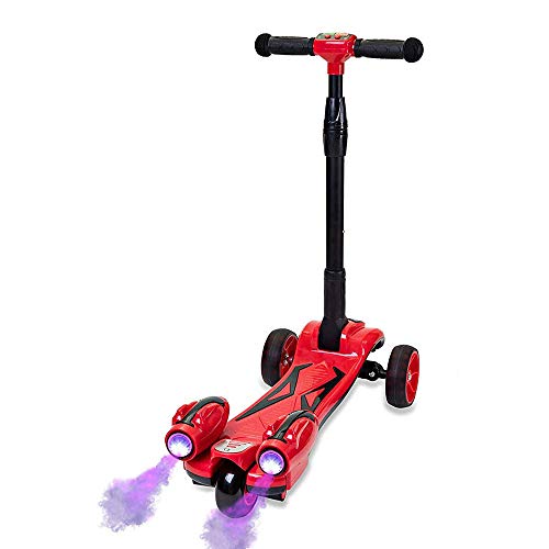 FOREVIVE Children's Scooter 3-Wheel Scooter with Colorful LED Flash Wheel, Music, Spray Steam, Foldable, Height-Adjustable, Suitable for Children Aged 3-12 (Red)