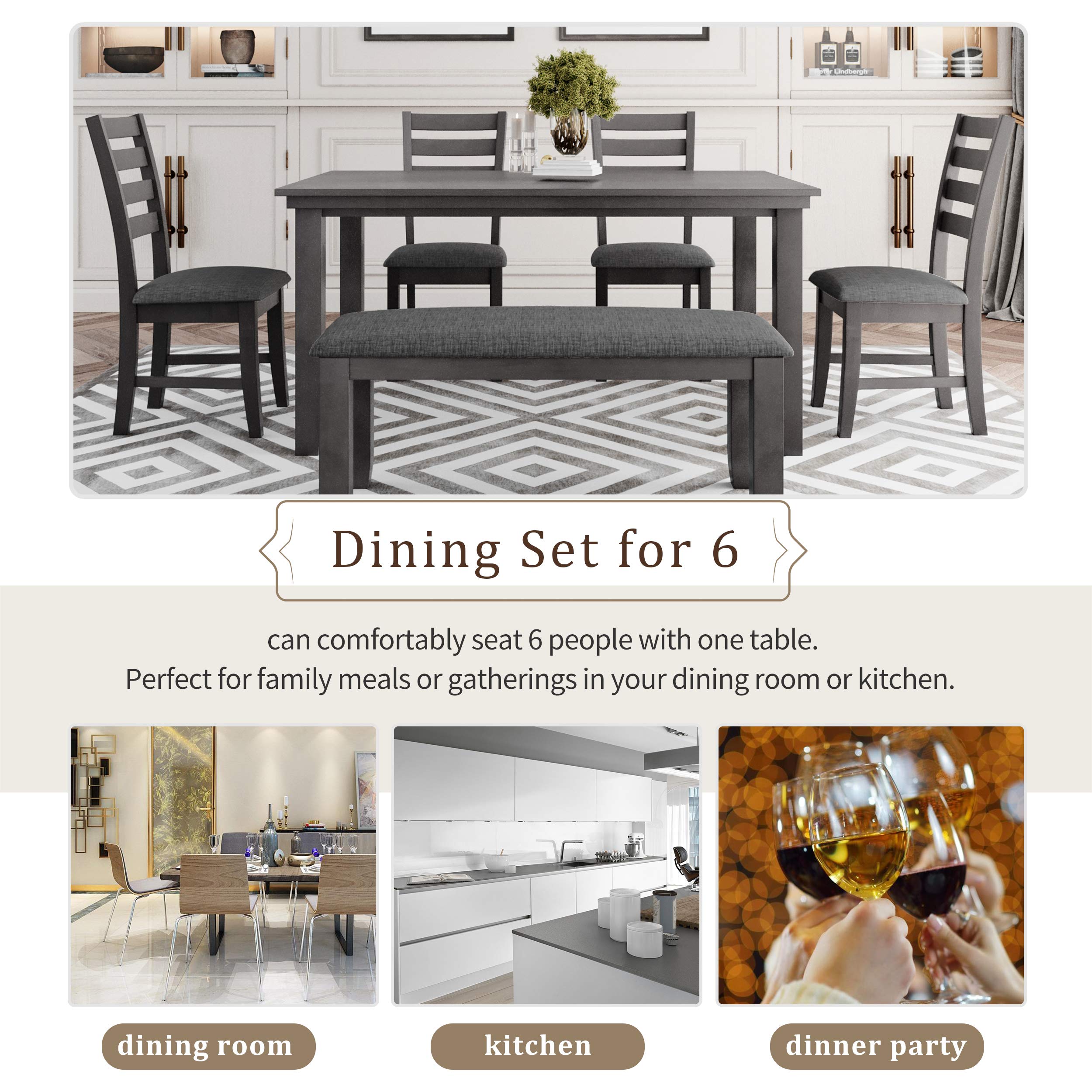 FIQHOME Kitchen Dining Set for 6 6, Farmhouse Rustic Style Rectangular Wood Table and 4 Chairs 1 Bench with Padded Cushion for Family,Gray