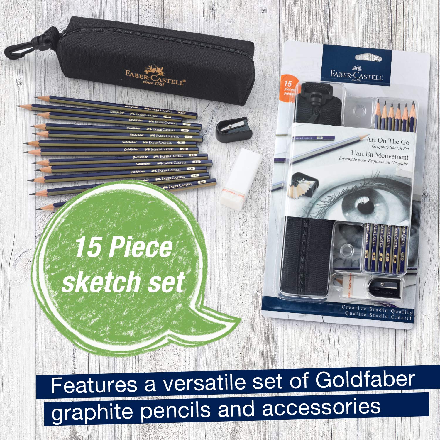 Faber-Castell Creative Studio Art On-The-Go Graphite Sketch Set β 15 Sketching Pencils and Accessories