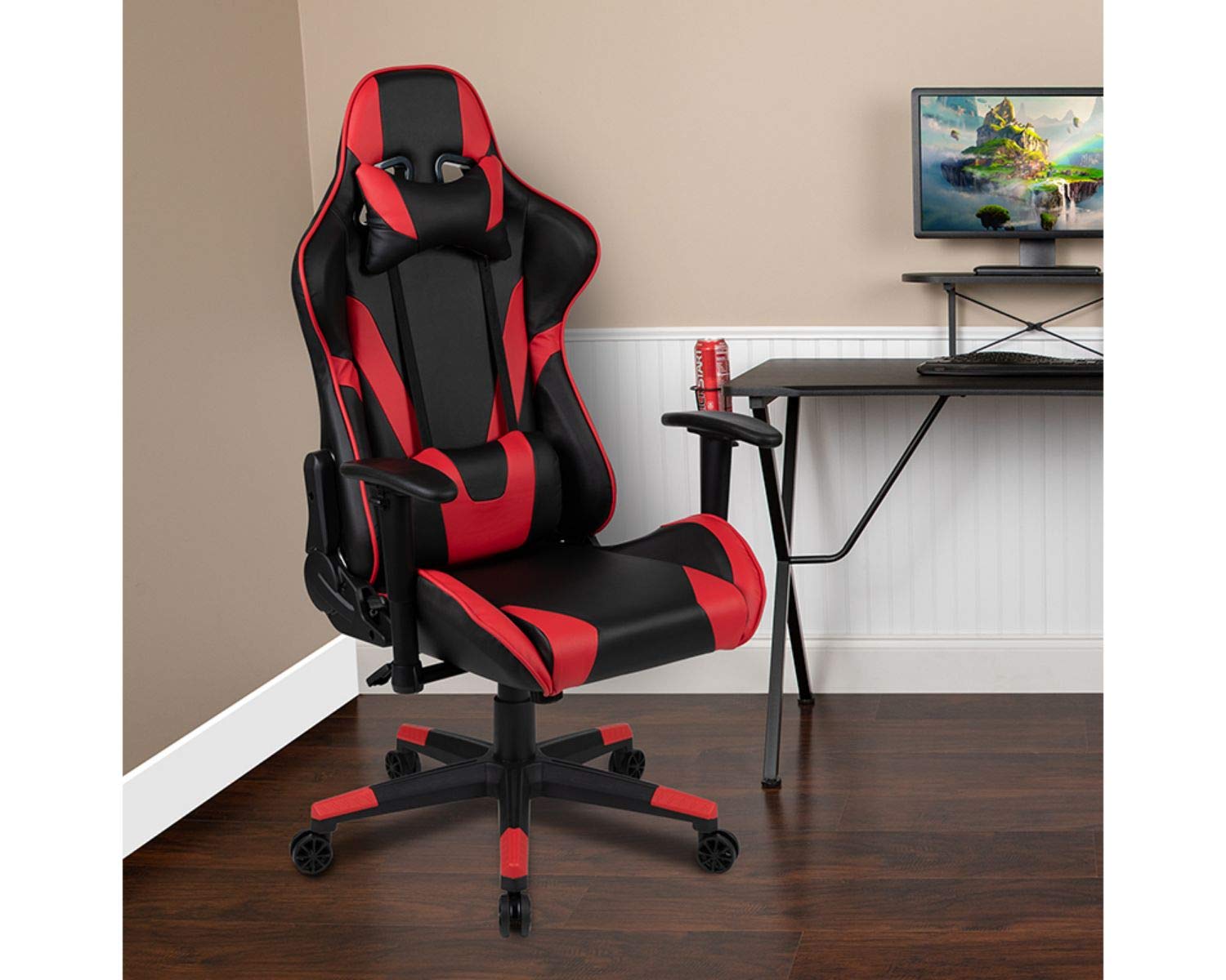 Flash Furniture X20 Fully Reclining LeatherSoft Racing Style Gaming Chair with and Lumbar Pillows, Ergonomic Padded Swivel Computer Chair, Red/Black