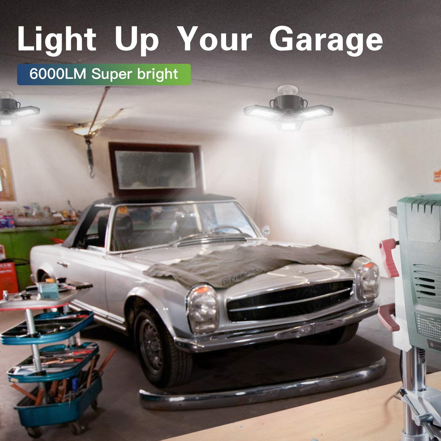 FREELICHT 2-Pack LED Garage Light, 60W LED Shop Light with E26/E27 Medium Base, 6000LM Triple LED Garage Lighting, 6500K Screw in LED Tri Light for Attic, Basement