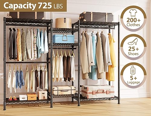 Raybee 77" H Clothes Rack Heavy Duty Clothing Racks for Hanging Clothes 720LBS Adjustable Clothing Rack Portable Closet Racks for Hanging Clothes Wire Garment Rack Black 13.9" D x 70.6" W x 77" H