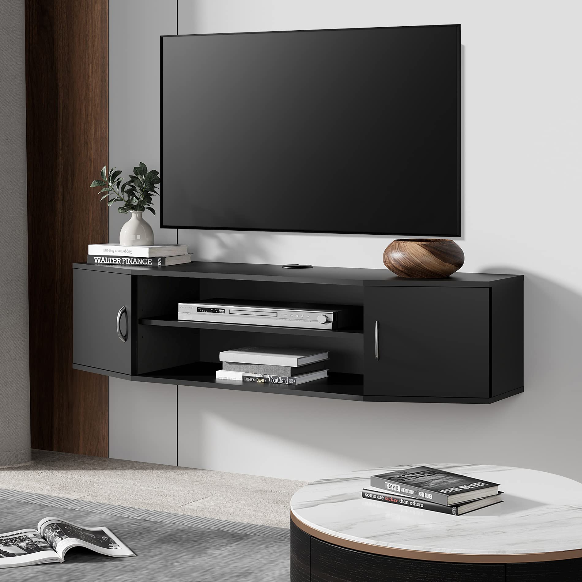 FITUEYES Wall Mounted TV Media Console Floating Desk Storage Hutch for Home and Office, 43.3", Black