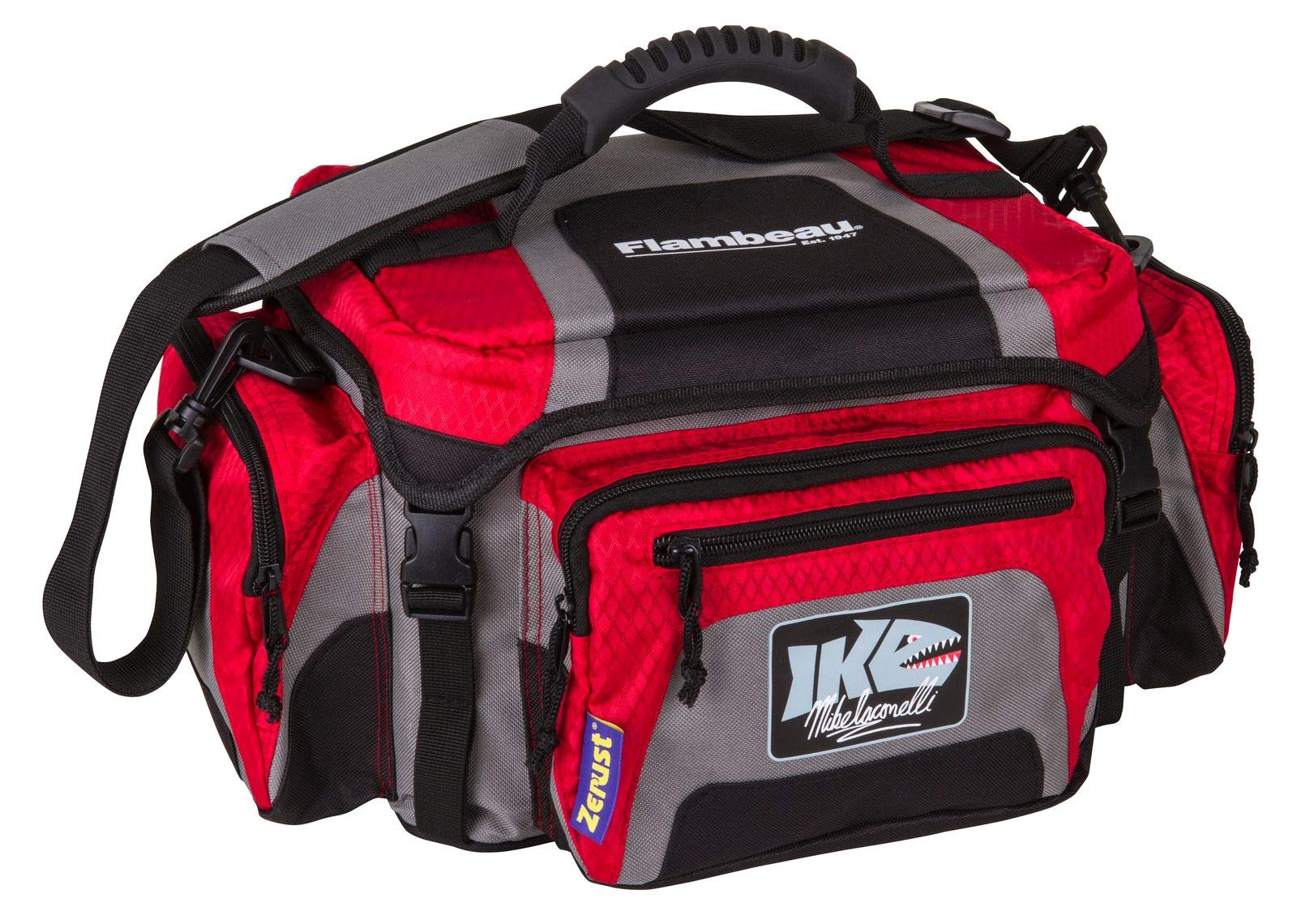 Flambeau Outdoors 400ZK-1 "IKE" 400 Tackle Bag, Portable Fishing Organizer Shoulder Satchel with Tuff Tainers Inside - Gray/Red