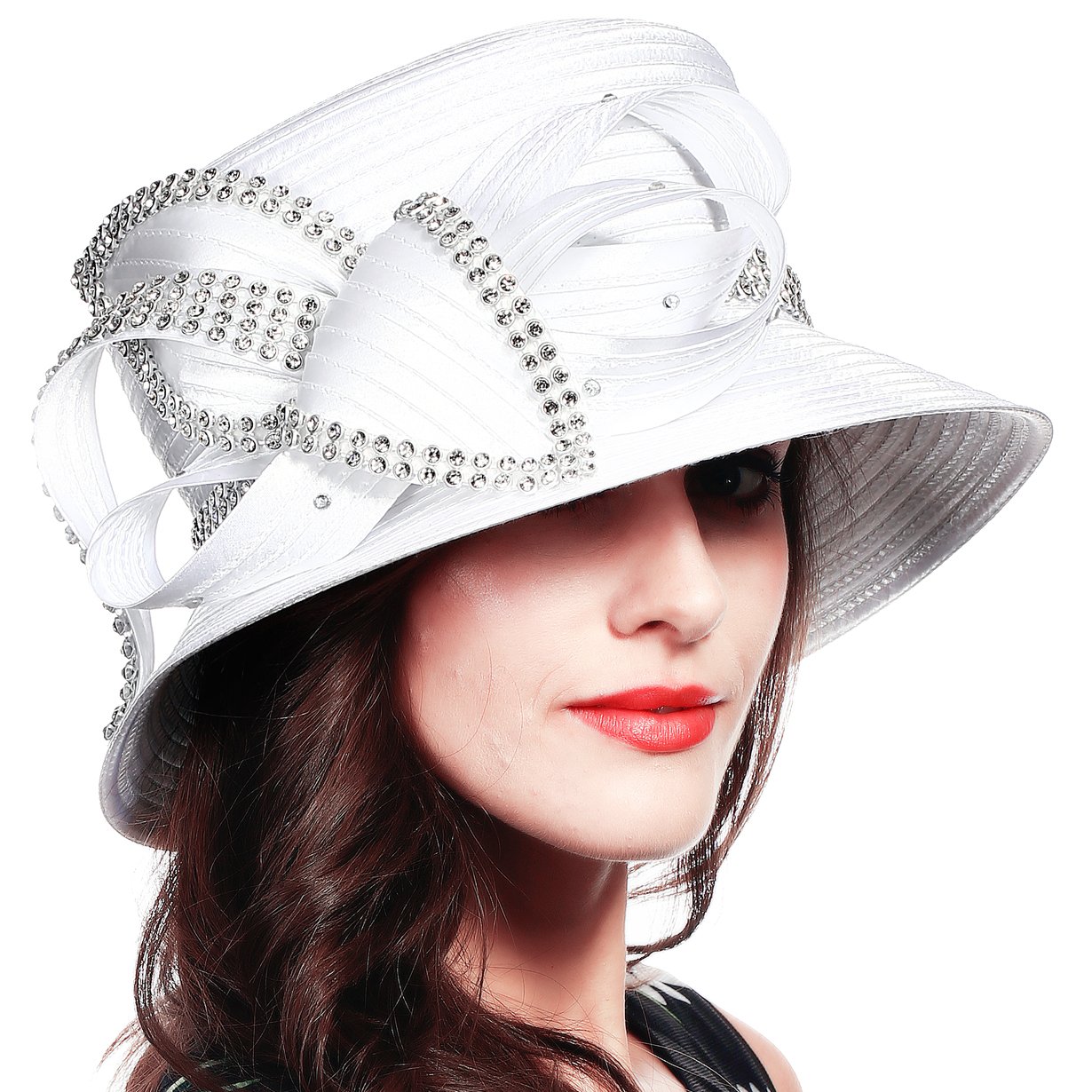 FORBUSITE Church Kentucky Dress Derby Hats for Women White - Satin w Rhinestone