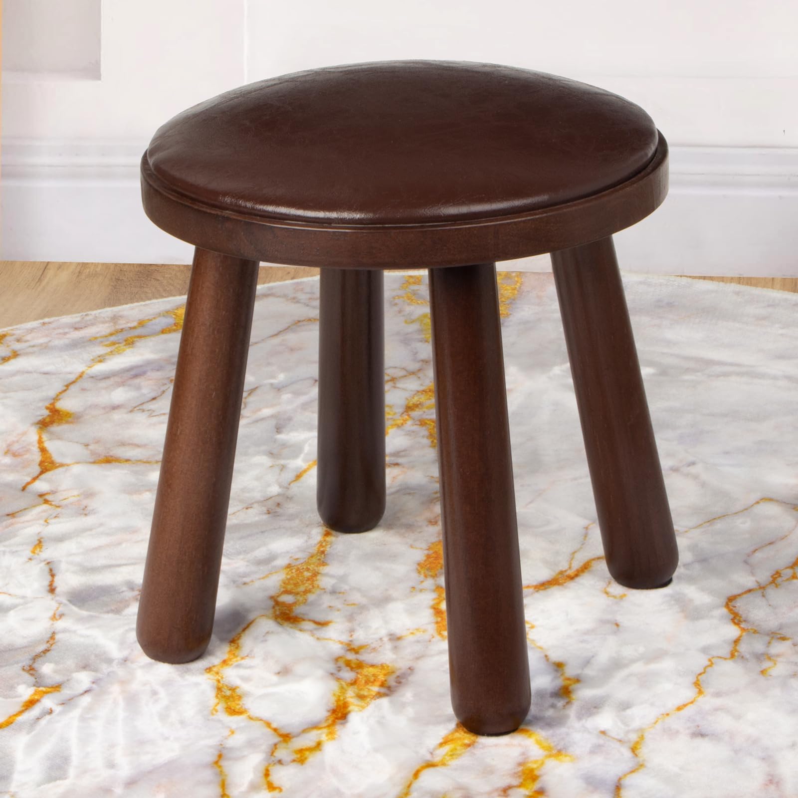 Small Round Wood Step Stool β 2 Pack 10" Wooden Foot Stools with Soft Faux Leather Top, Rustic Small Wood Step Stool for Kids & Adults