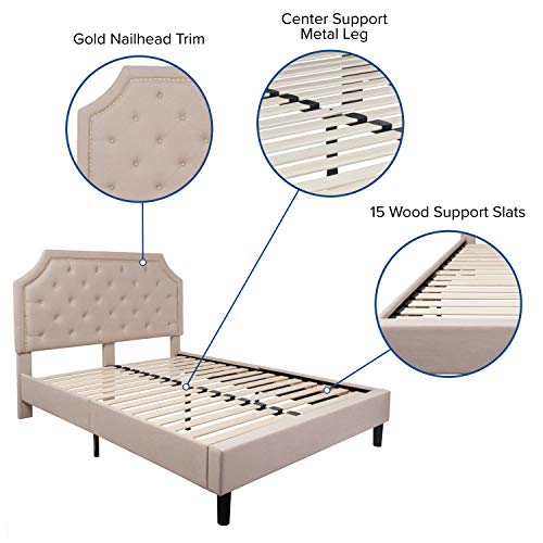 Flash Furniture Brighton Queen Size Tufted Upholstered Platform Bed in Beige Fabric