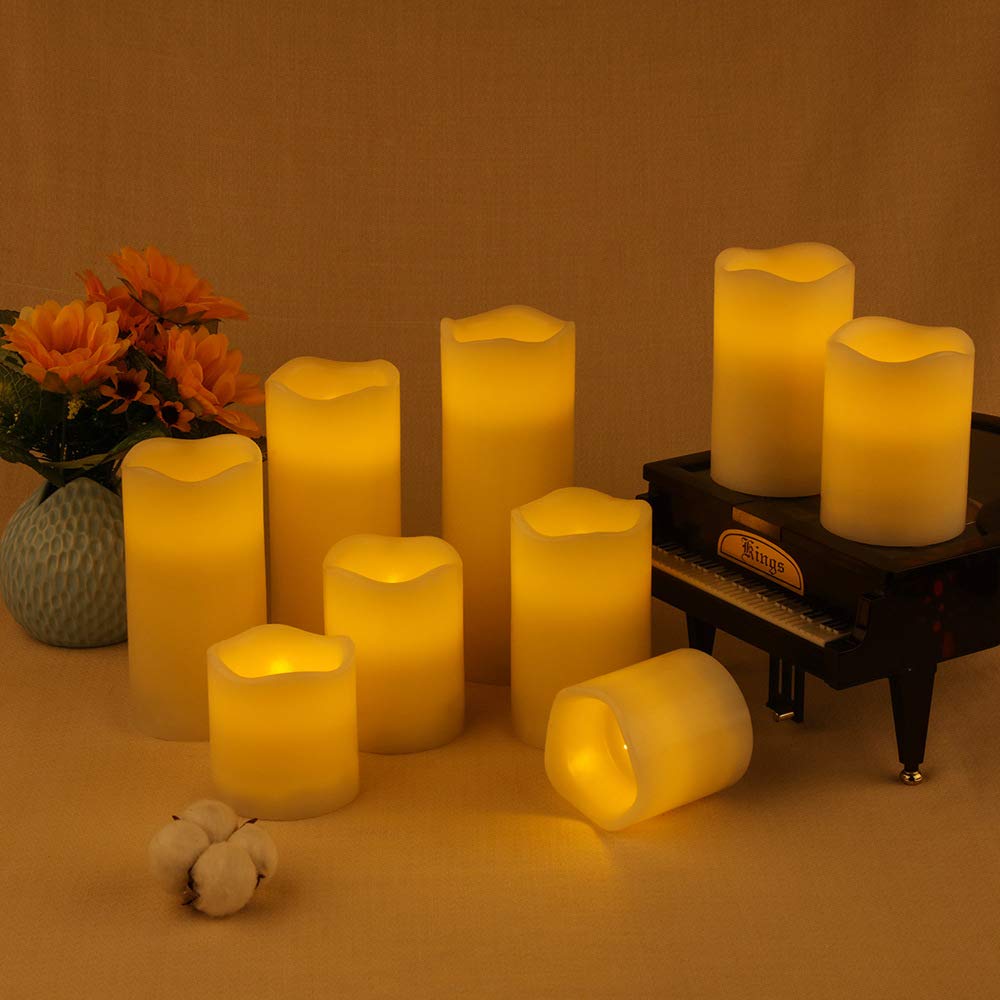 Flameless Candles LED Candle Set of 9 (D 3" x 3" 4" 5" 6" 7" 8") Flickering Electric Candles aa Battery Operated, Real Wax Moving Wick LED Pillar Candle Sets with Remote Control and Timer