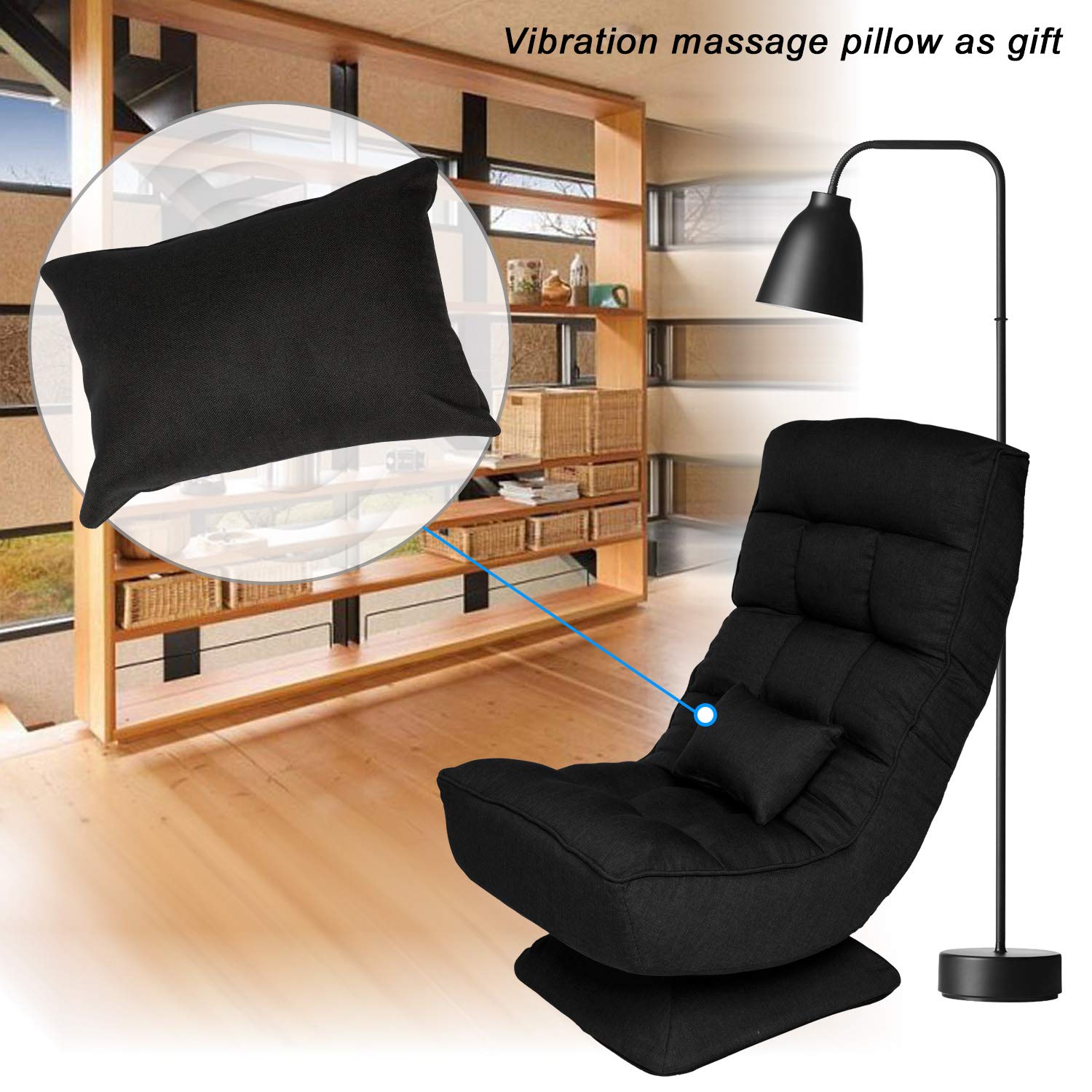 Folding Floor Gaming Chair 360-Degree Swivel Lazy Sofa Lounge Chairs with 4 Adjustable Positions Video Game for Home, Office, Games Room(Cool Black)