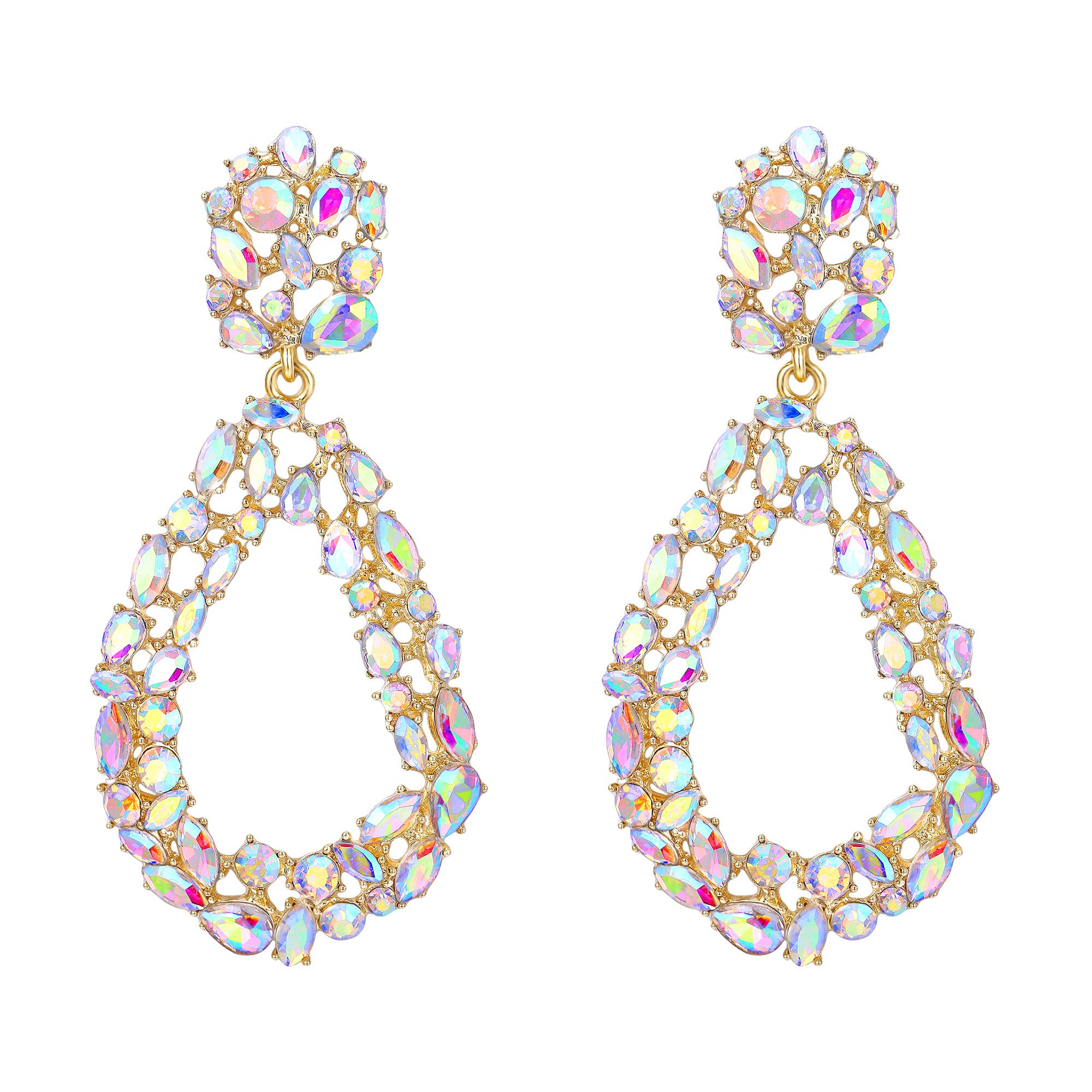 Flyonce Women's Crystal Open Hoop Oval Drop Pierced Dangle Earrings Iridescent Clear AB Gold-Tone