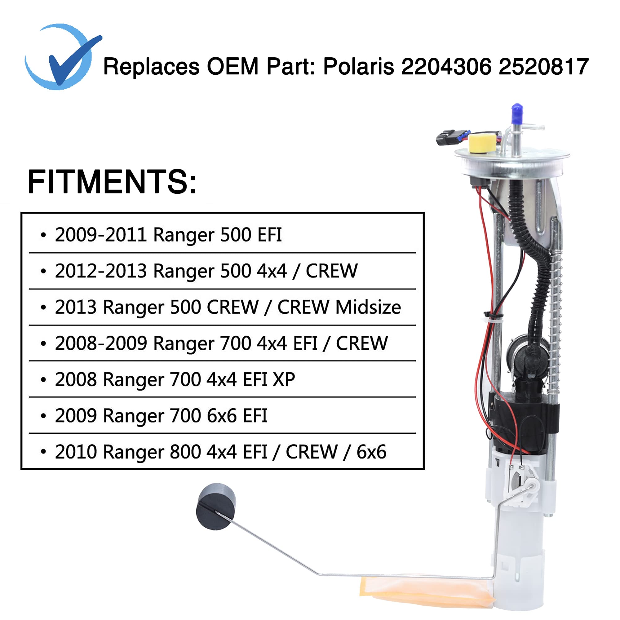 Fuel Pump Assembly Module, Replacement for Polaris Ranger 500 4X4 EFI / Crew Midsize (2009-2013), 700 4X4 EFI / Crew / XP (2008-2009), 800 4X4/6X6 EFI / Crew (2010). Replaces OEM# 2204306 2520817