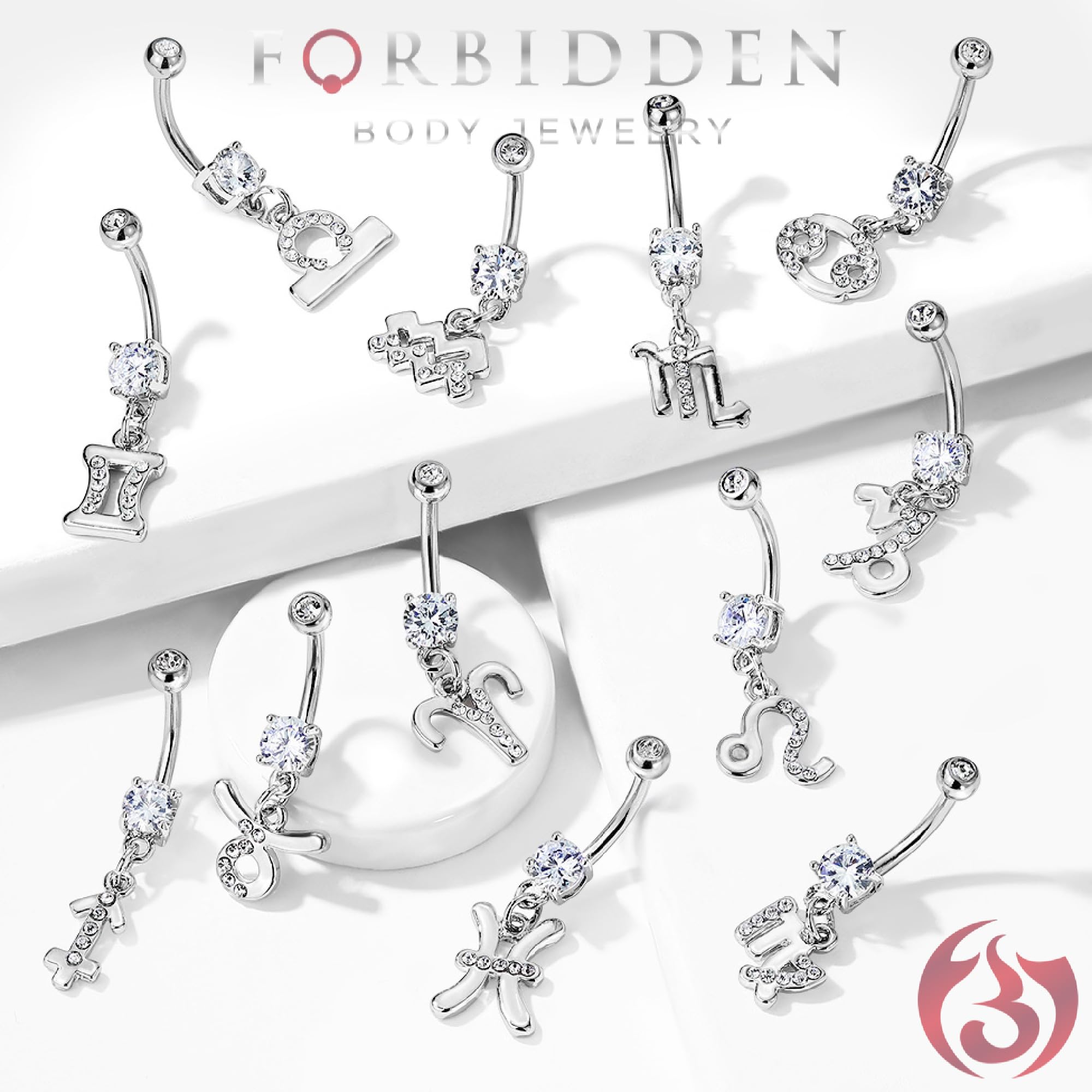 Forbidden Body Jewelry Surgical Steel CZ Jeweled Pisces Zodiac Sign Dangle Belly Button Ring