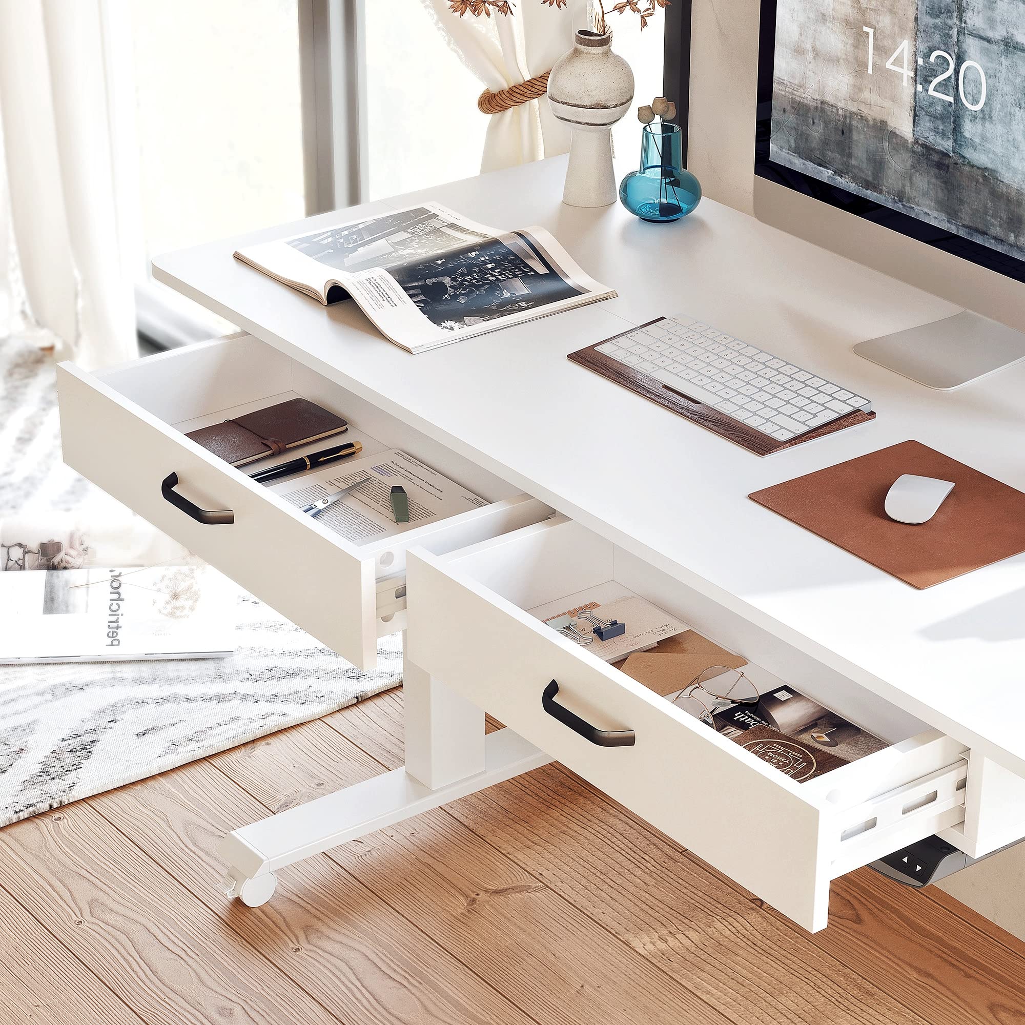FEZIBO Height Adjustable Desk with 2 Drawers Storage and Anti Fatigue Mat