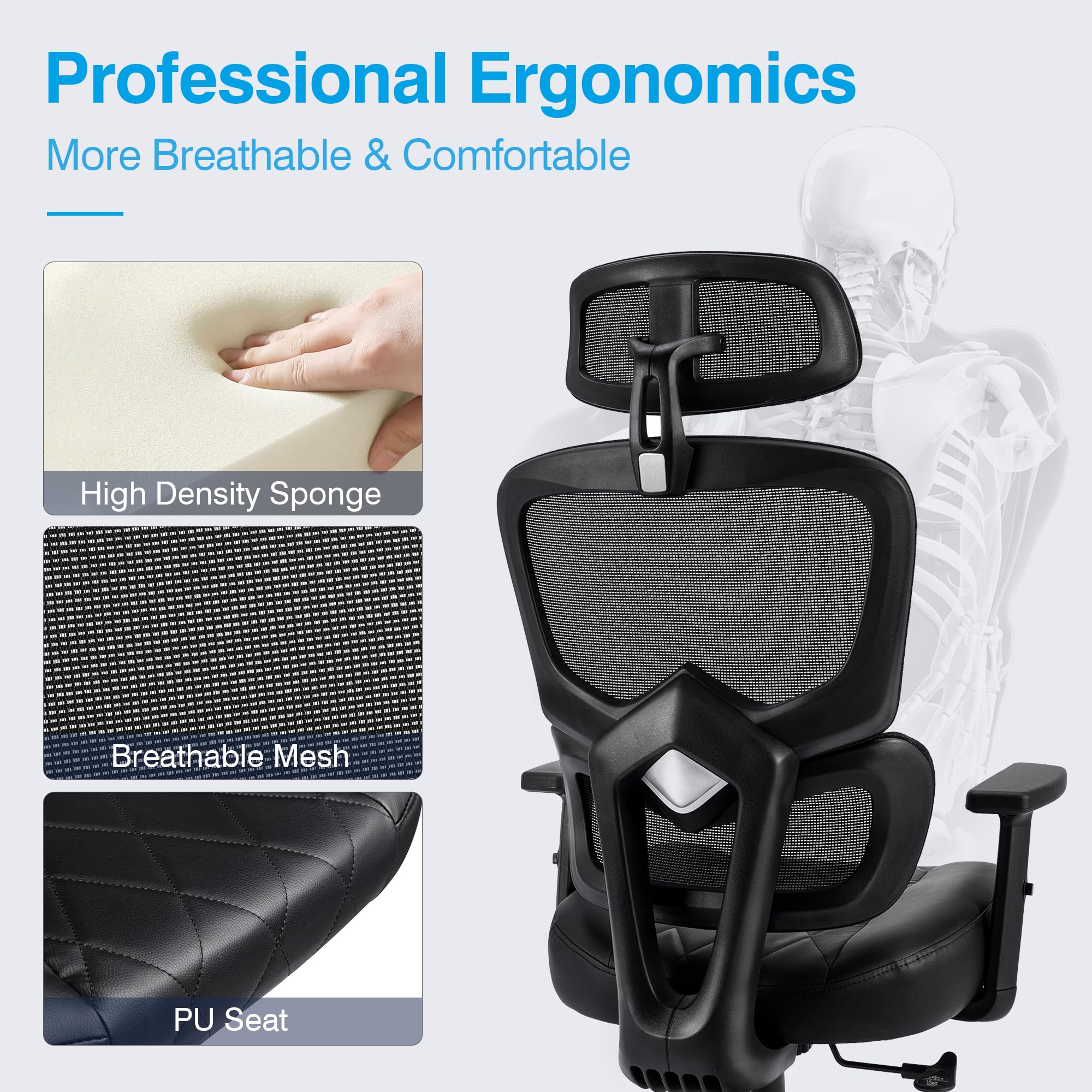 VECELO Swivel Ergonomic High Back Mesh Office Chair with Adjustable Headrest Armrest, Backrest Tilt Function, Lumbar Support for Executive/Computer Desk/Task Work