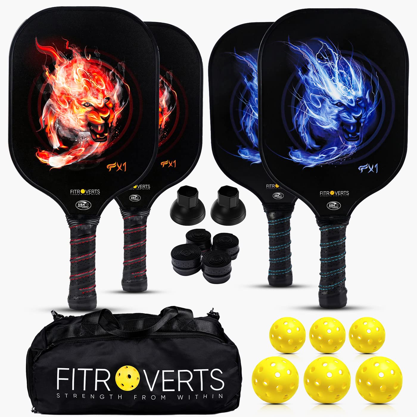 FITROVERTS USAPA Approved Pickleball Paddle Set - Pickleball Paddles | Pickleball Balls | Replacement Soft Grip Tape | 1 Carry Bag