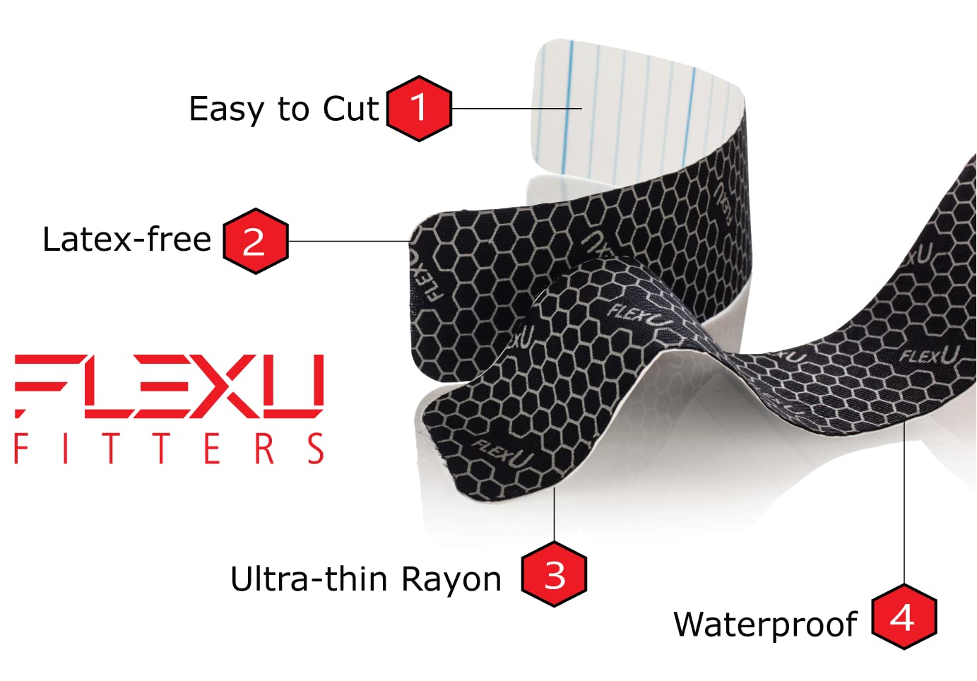 FlexU Kinesiology Tape - 60 2" x 10" Pre-Cut Strips for Lower Back, Knees, & Shoulders; Pain Relief & Support for Muscles & Joints, Shoulders, Knees & Back, Rheumatism, Gout, Osteoporosis (Black)