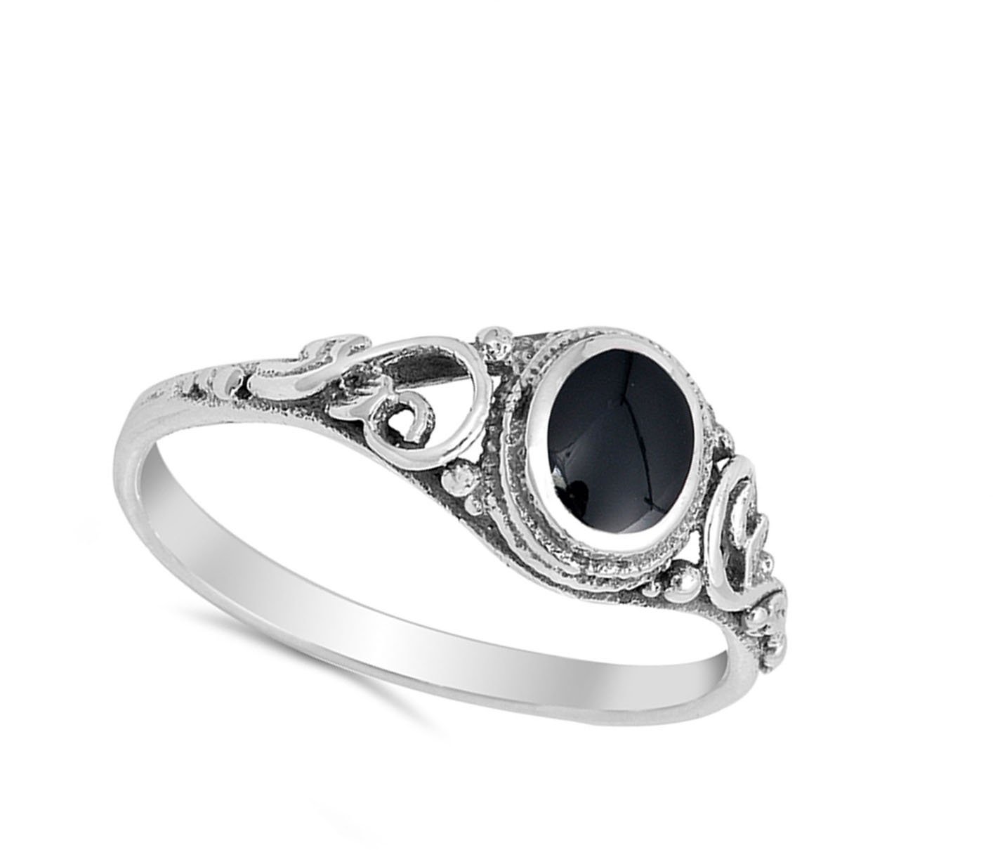 Filigree Simulated Black Onyx Polished Ring New .925 Sterling Silver Band Size 6
