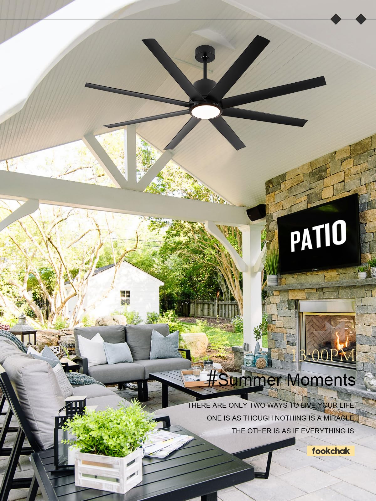 FookChak 65in Black Large Ceiling Fan with Lights 8-Blade Remote Control Outdoor Fan Light for Patio Large LED Ceiling Fan Light for Garage Gym Room Living Room