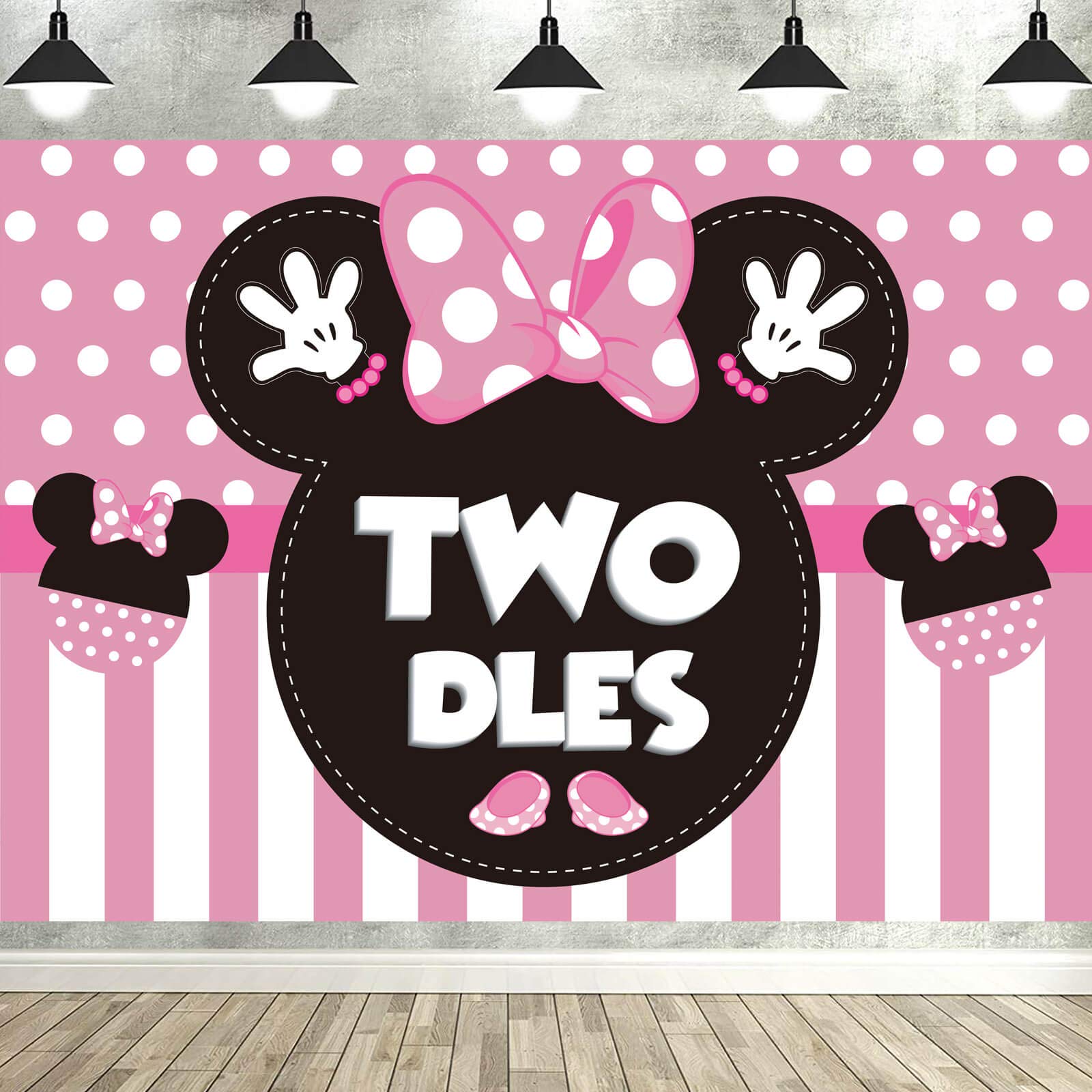 HEETON Pink Mouse Twodles Birthday Party Supplies Decorations Pink Girl Second Fabric Banner Backdrop for Baby Two Years Old 2nd Birthday Photo Props Background -7 x 5ft