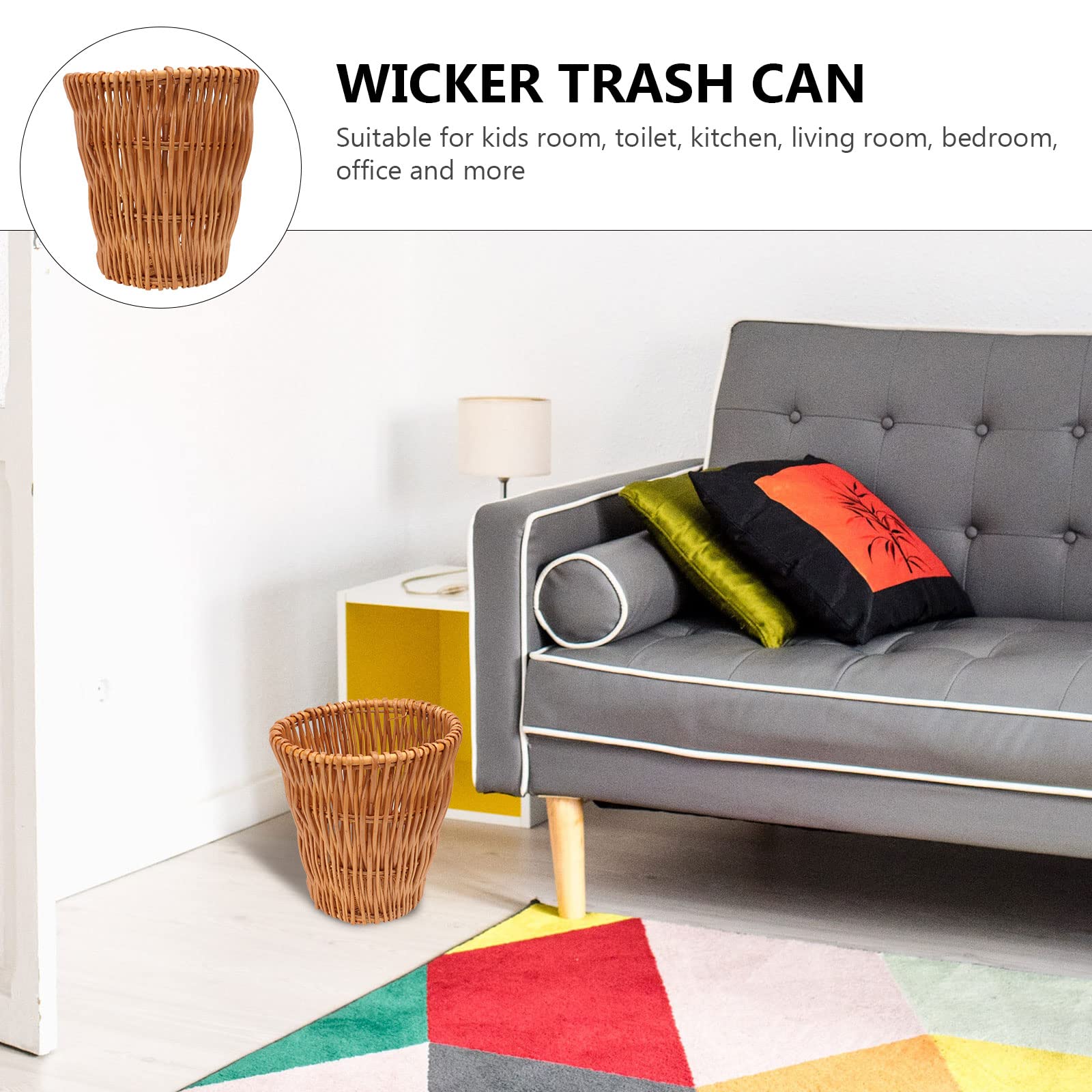 Wakauto Desktop Organizer Wicker Rattan Waste Basket Woven Trash Can Garbage Can Vintage Waste Bin Wastebasket Beige Creative Storage Basket