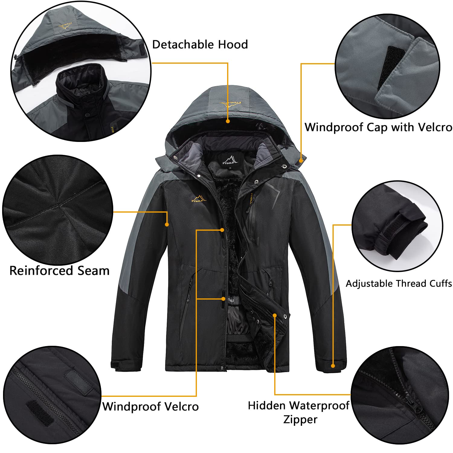FTIMILD Men's Waterproof Ski Jacket Warm Winter Snow Coat With Detachable Hood (as1, alpha, m, regular, regular, Black)