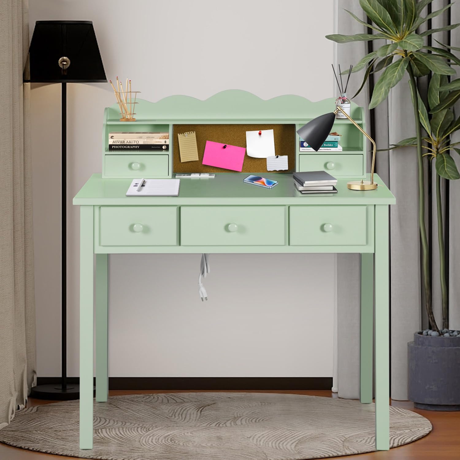 FUNKOCO Home Office Furniture Writing Desk,Computer Work Station with Detachable Hutch,5 Drawers (Sky Blue)