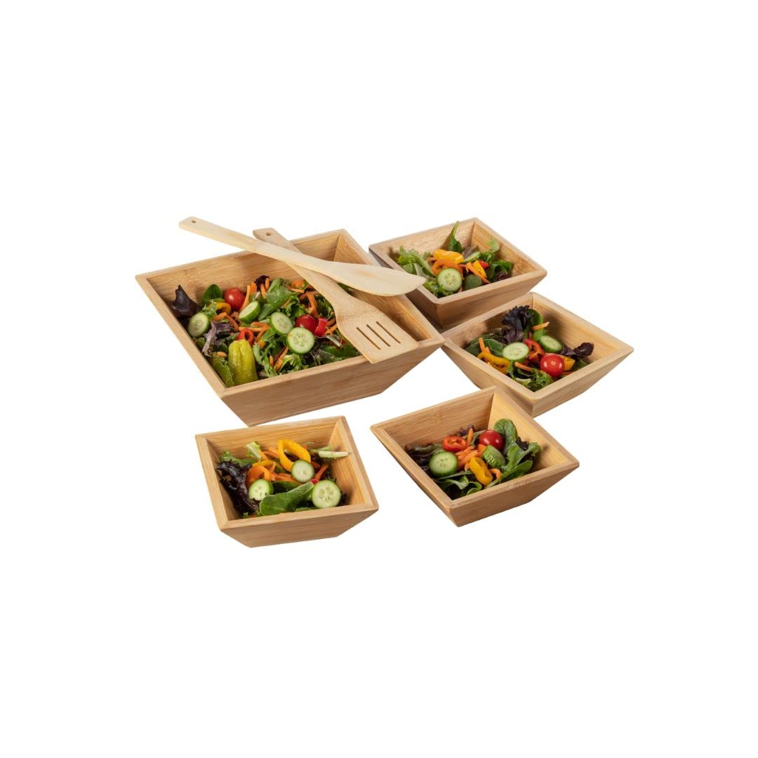 KITCHEN Affections | Bamboo Bowl Set | 5pc Square Bowl Set with Serving Utensils | Wood Dinnerware | Eco Friendly Bowls