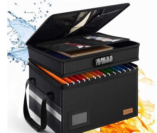 Fireproof Document Bag, Waterproof 3-Layer File Organizer with Lock, Travel Safe Money Bag with Shoulder Strap Portable Filing Storage Box for Important Valuables Certificates,Documents,Black