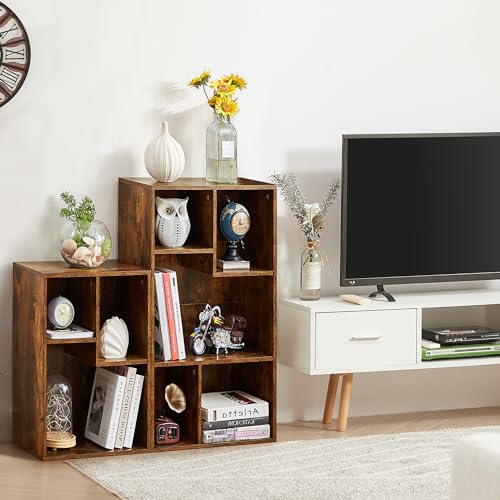 VECELO Wide 8-Cube Wood Organizer Bookcase Sets, Fits Tallest Hardcovers, 3-Tier Customized Storage Display Shelf, Free Standing for Living Room, Bedroom, Kids Room, Office, Brown