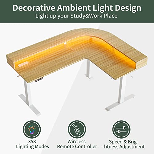 FEZIBO Triple Motor L Shaped Stadning Desk with LED Strip & Power Outrlets,63 inches Height Adjustable Stand up Corner Desk with Ergonomic Monitor Stand, White Frame/Natural Top
