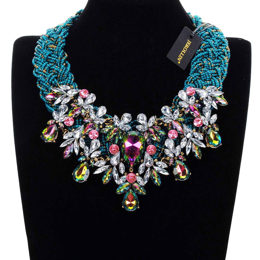 Fashion Jewelry Resin Beads Cluster Chain Choker Collar Rhinestone Bib Statement Pendant Necklace Blue