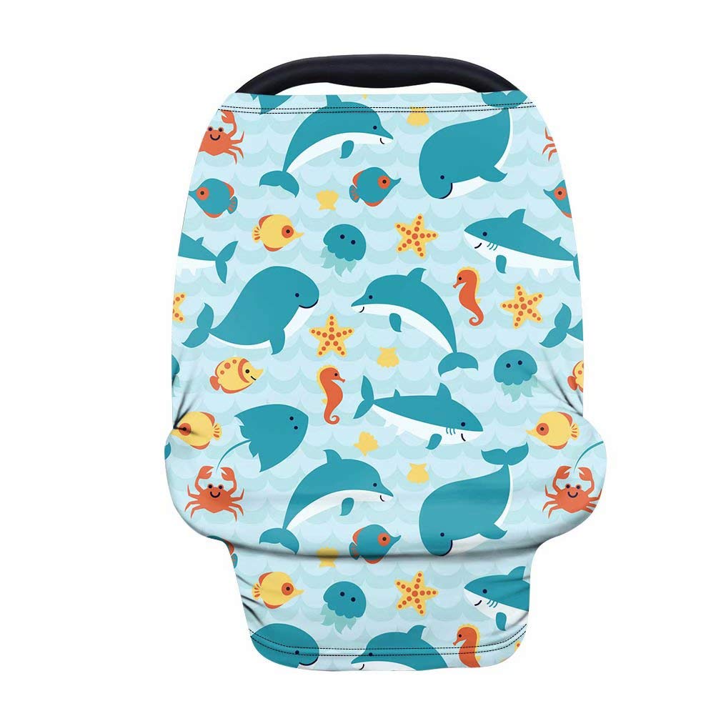 Forchrinse Cute Whale Ocean Animal Pattern Nursing Cover Breastfeeding Scarf,Cute Dolphin Shark Pattern Baby Car Seat Cover Infant Carseat Canopy