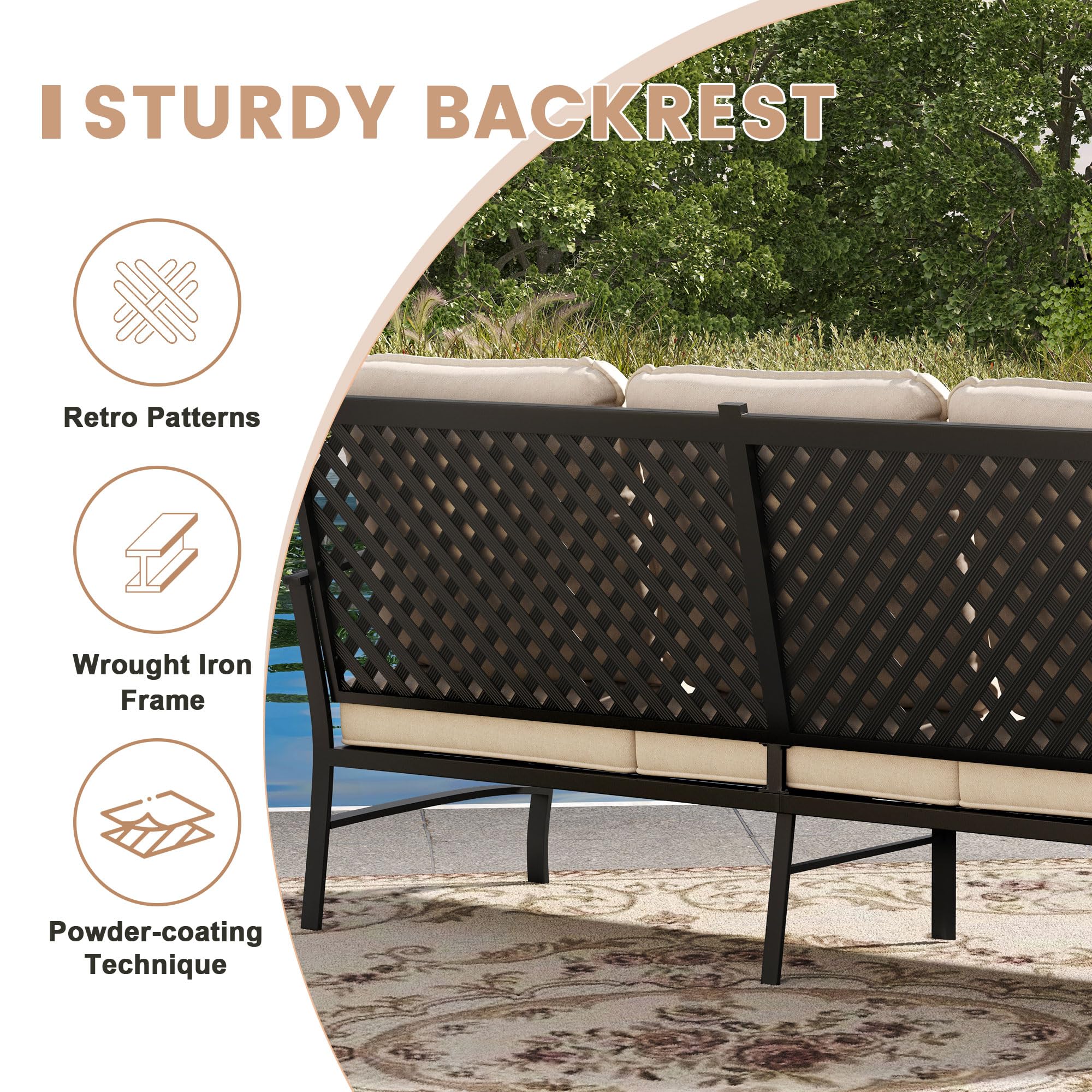 VICLLAX Patio Furniture Set 4 Pieces Outdoor Conversation Set, 3-Seat Sofa with 45" Ceramic Tabletop Fire Pit and 2 Swivel Sofa Chairs for Garden, Poolside, Backyard, Beige Cushion