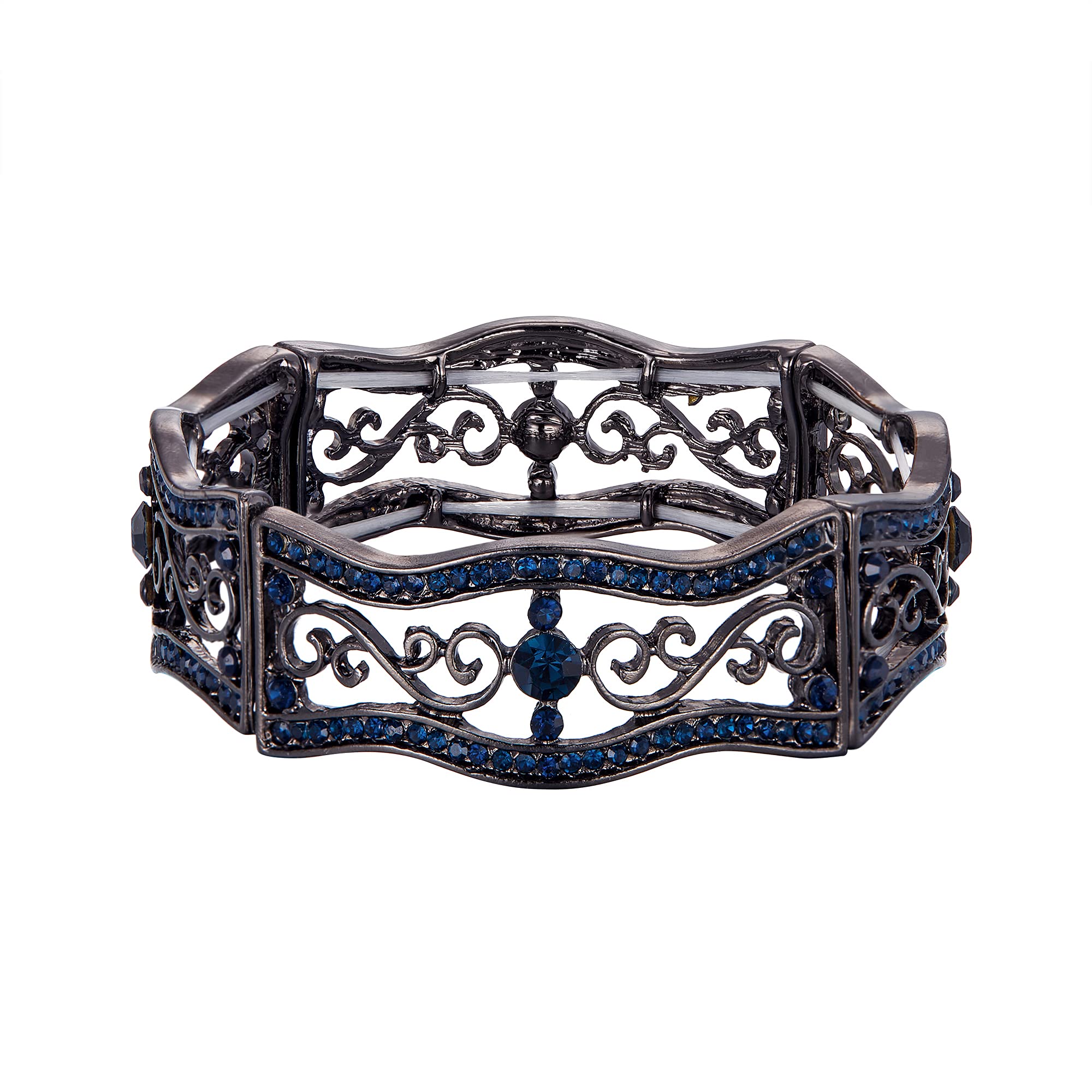 Flyonce Wedding Bracelet for Brides, Navy Blue Rhinestone Crystal Art Deco Elastic Stretch Bracelet for Women