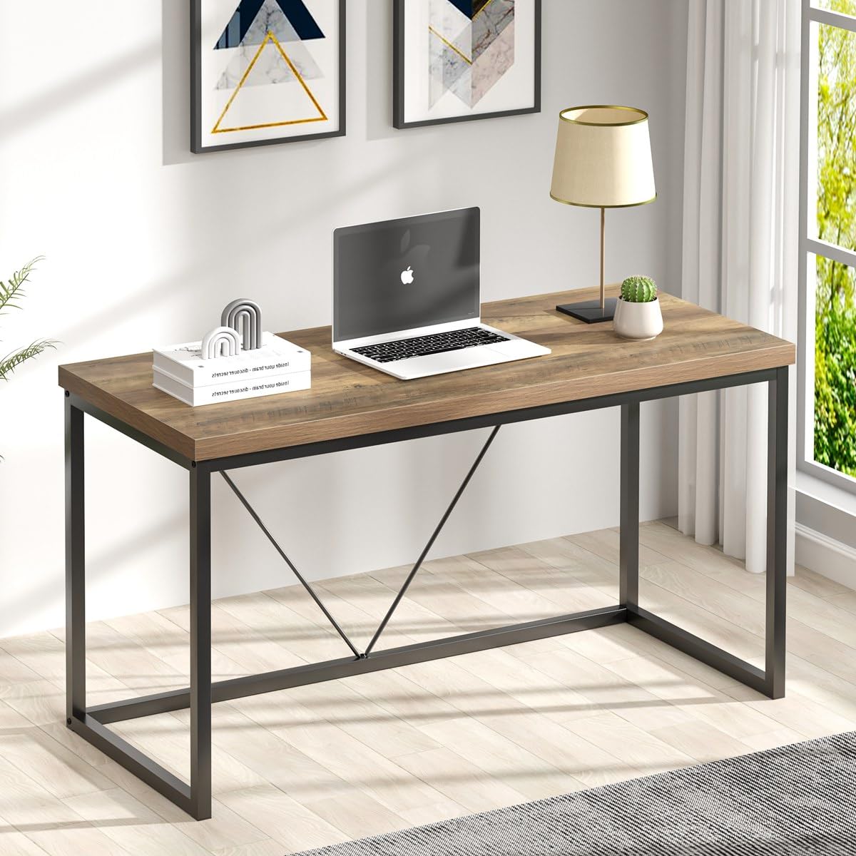 FOLUBAN Rustic Industrial Computer Desk,Wood and Metal Writing Desk, Vintage PC Table for Home Office, Oak 47.2 inch