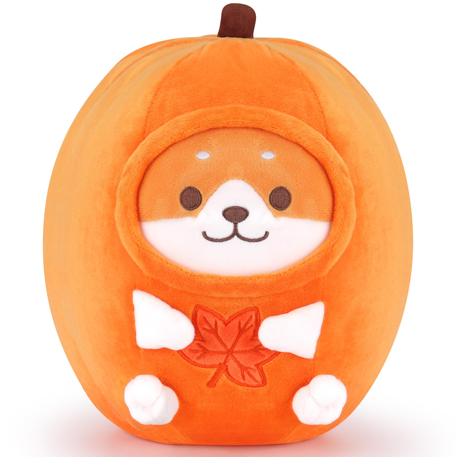 Fortuning's JDS Shiba Inu Pumpkin Plush, 12" Pumpkin Corgi Dog Stuffed Animal Plushies with Autumn Leaf Decor, Kawaii Birthday Gift for Boys Girls Kids Plush Toy Pillow