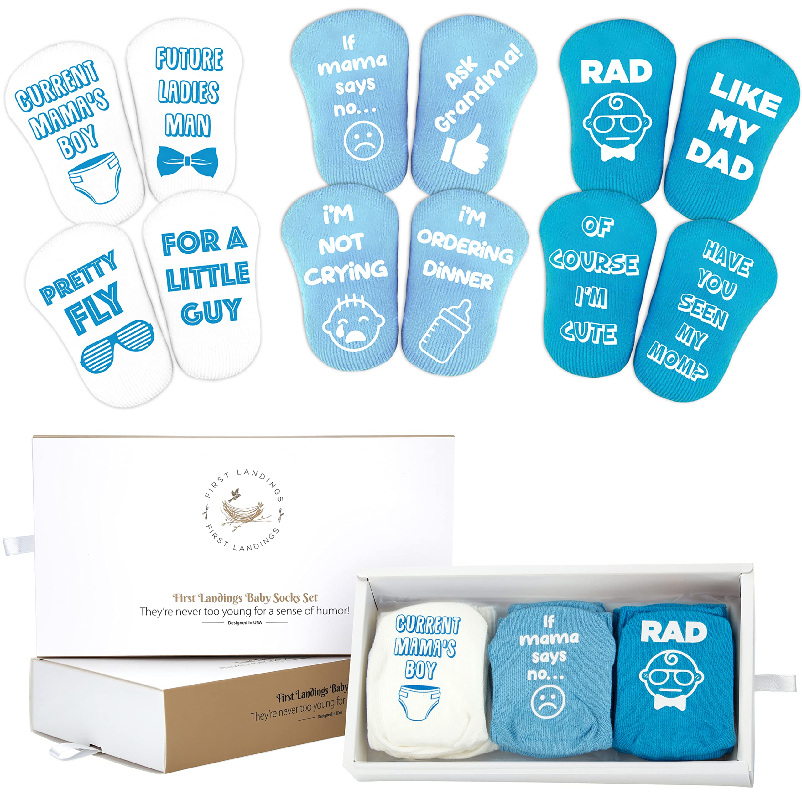 First Landings Baby Socks Gift Set - 6 Pairs of Infant Socks with Adorable Quotes - Ready-to-Gift Packaging - Blues