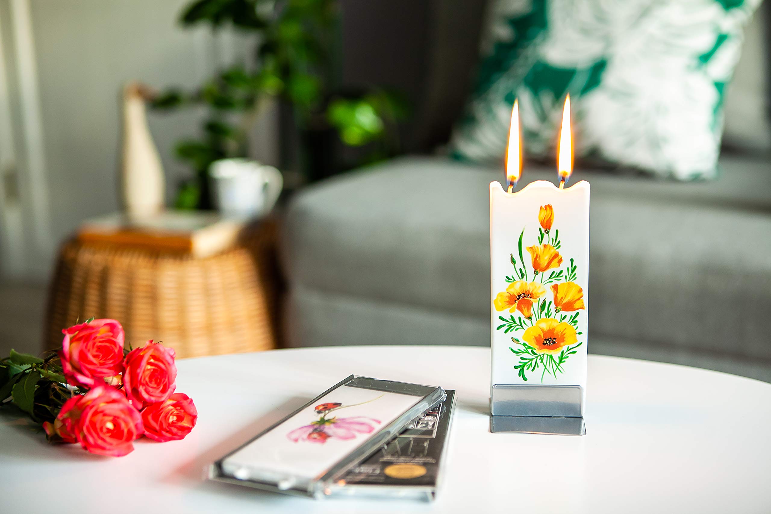Flatyz Hand Painted Flat Candle | Unscented, Dripless, Smokeless, Decorative | Sunflower | Double Wick | Unique Gift Idea and Home Décor Accent | 6 inches