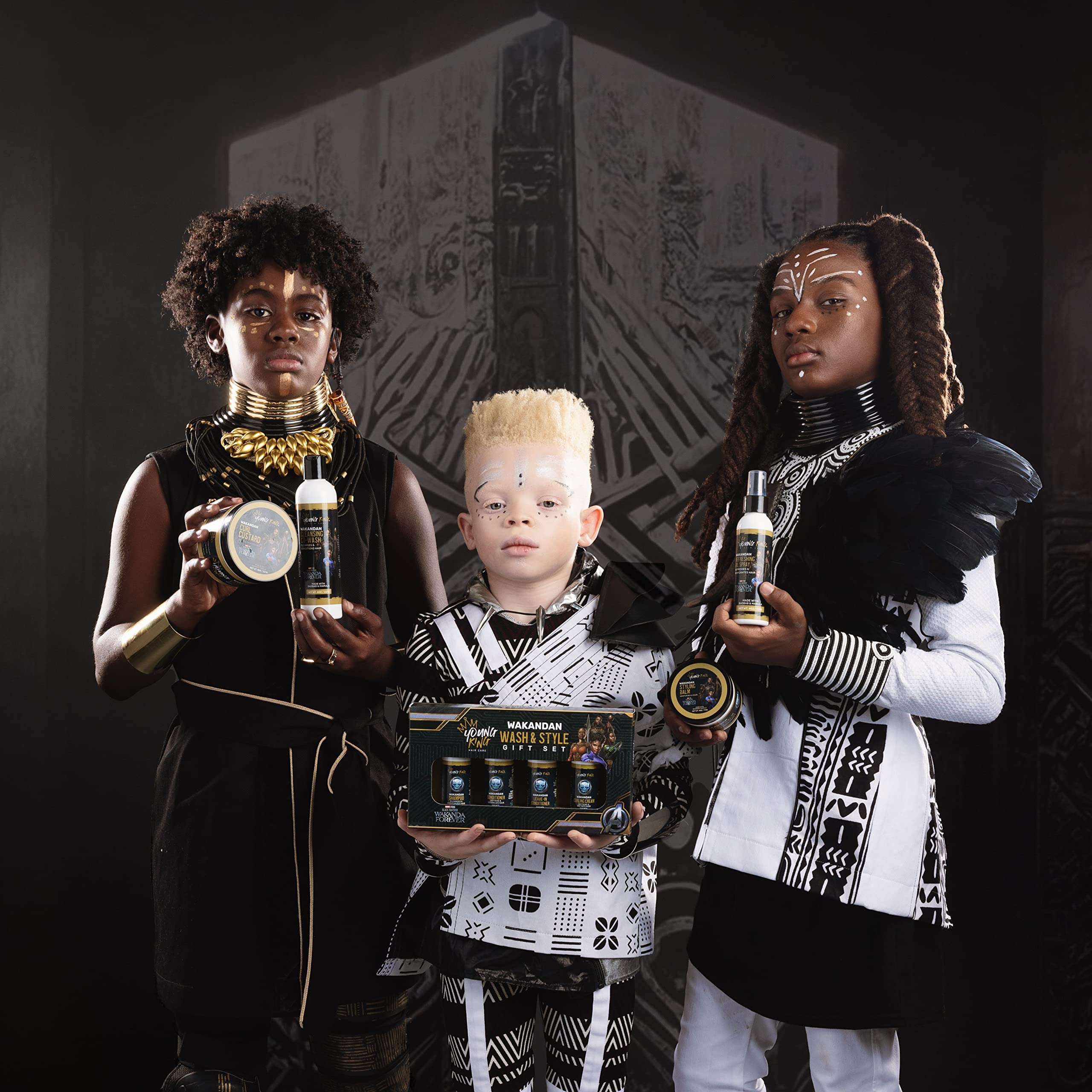 Marvel Black Panther: Wakanda Forever Young King Hair Care Wakandan Wash & Style Gift Set | Shampoo, Conditioner, Leave-In Conditioner, Curling Cream