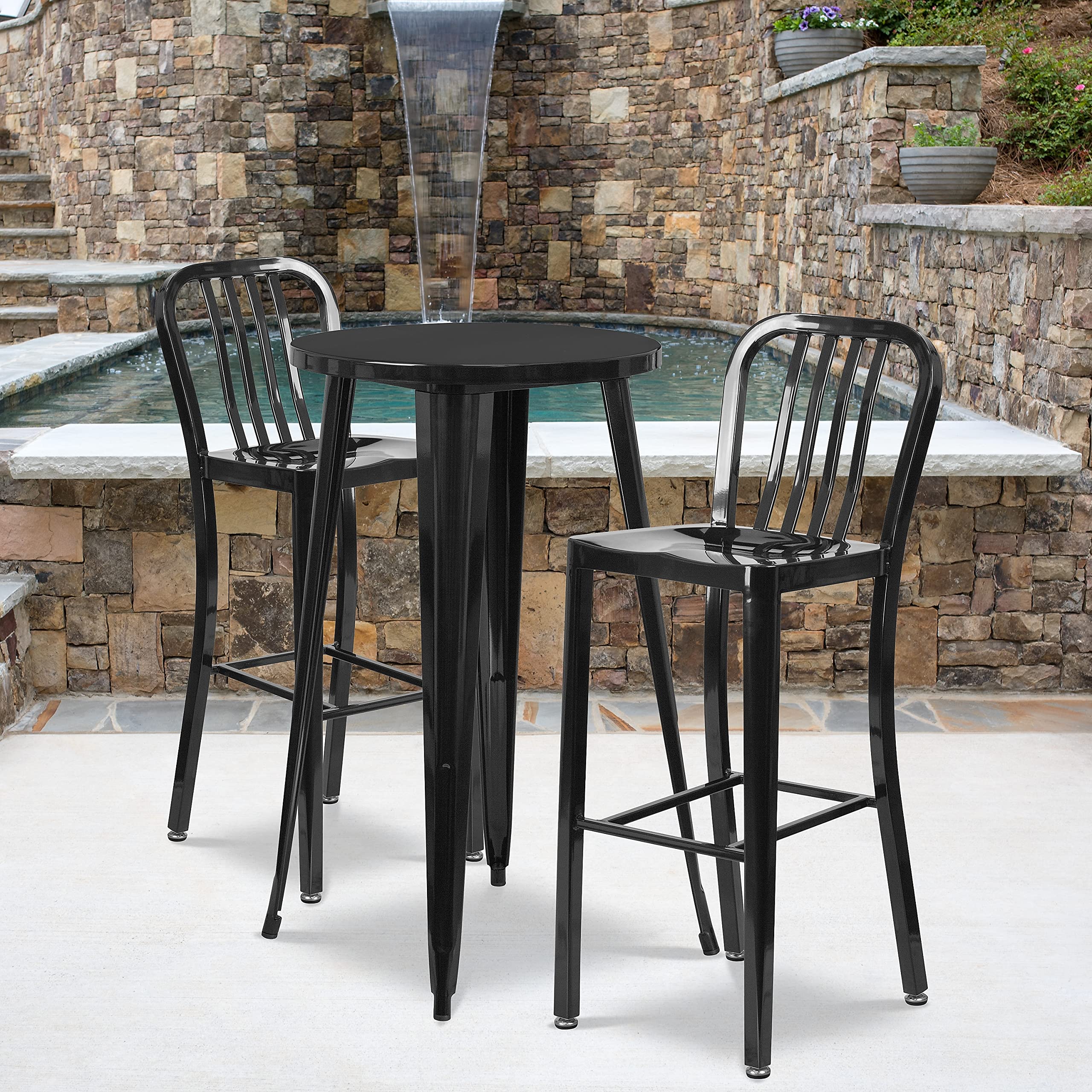 Flash Furniture Gael Commercial Grade 2 Pack 30" High Black Metal Indoor-Outdoor Barstool with Vertical Slat Back