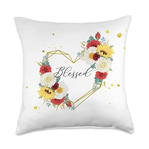 Pioneer Country Farm For Woman Pioneer Country Farm Blessed Peony Sunflower Heart Wreath Throw Pillow, 18x18, Multicolor