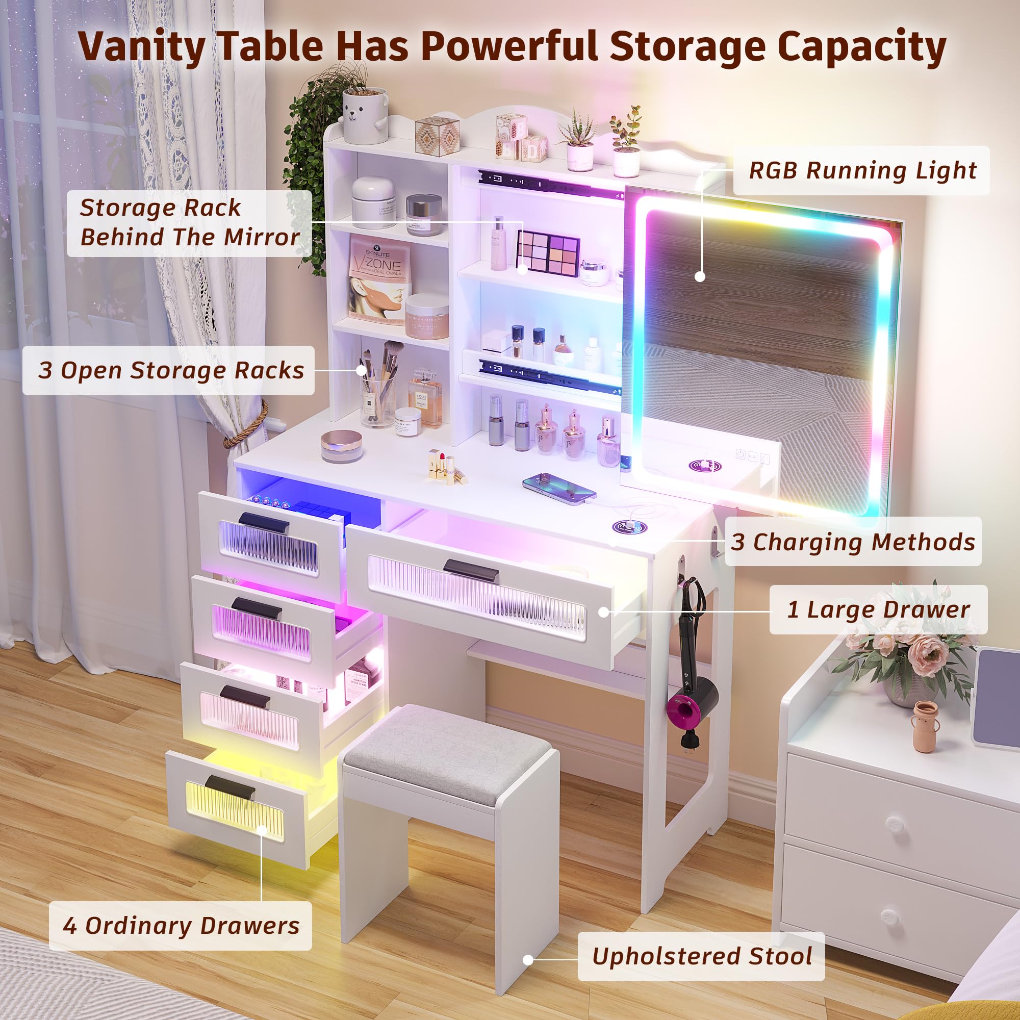 FOMNEY RGB LED Vanity Desk with Mirror and Lights, Makeup Vanity Desk with 3-in-1 Charging Station, Vanity Set with Stool&Sliding Touch Mirror, Makeup Dressing Table with 5 Drawers (White)