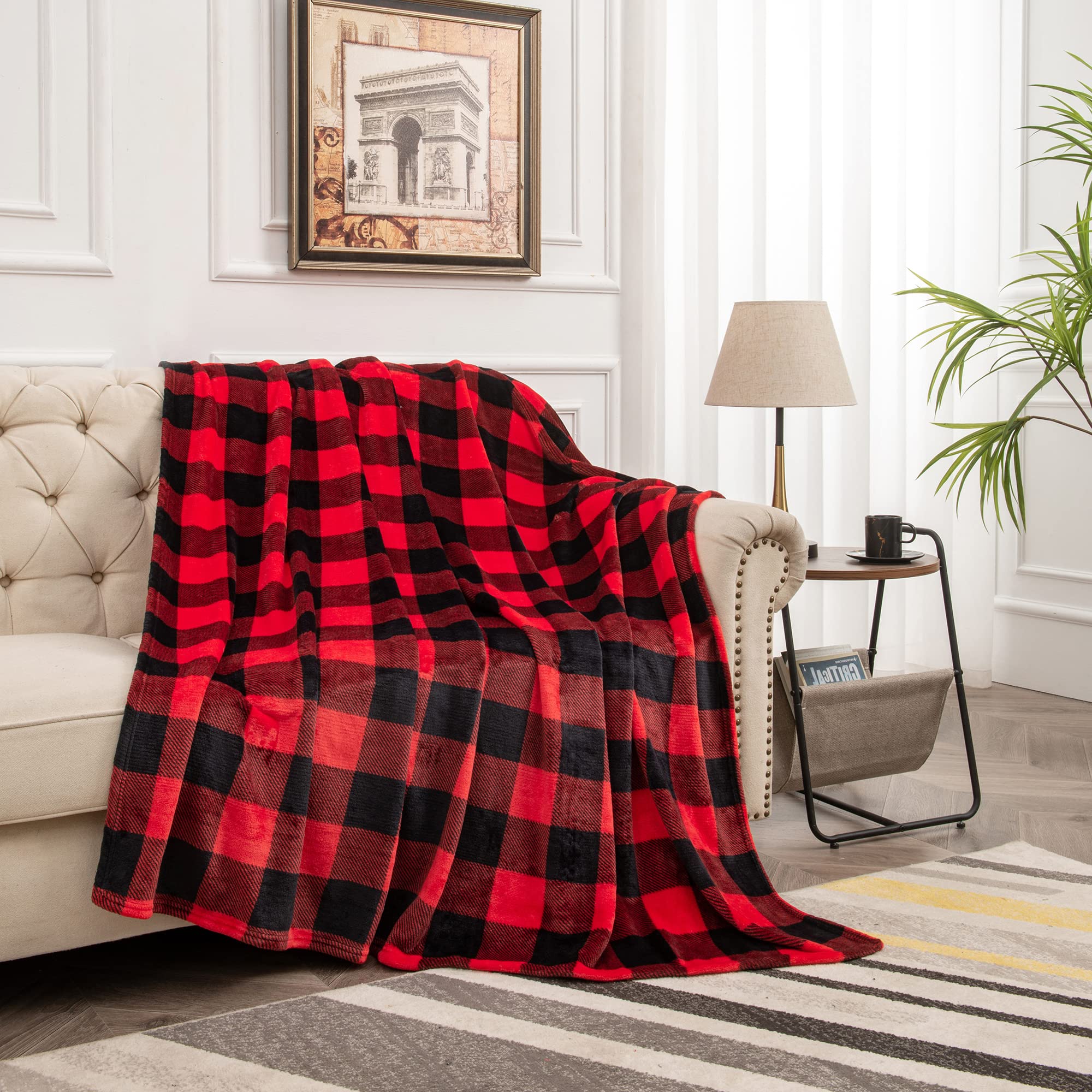 FFLMYUHUL I U Fuzzy Throw Blanket with Super Soft and Warm Throw Flannel Blanket … (Tz01-red Check, 50" L x 60" W)