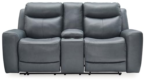 Signature Design by Ashley Mindanao Modern Leather Match Upholstered Power Reclining Loveseat with Console, USB Ports and Cup Holders, Gray