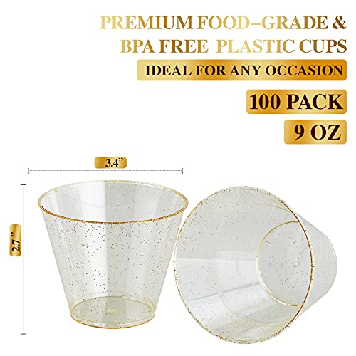 FOCUSLINE 100 Pack Gold Glitter Plastic Cups 9 oz Clear Plastic Cups Tumblers, Fancy Disposable Hard Plastic Cups with Gold Glitter for Wedding Cups Elegant Party Cups
